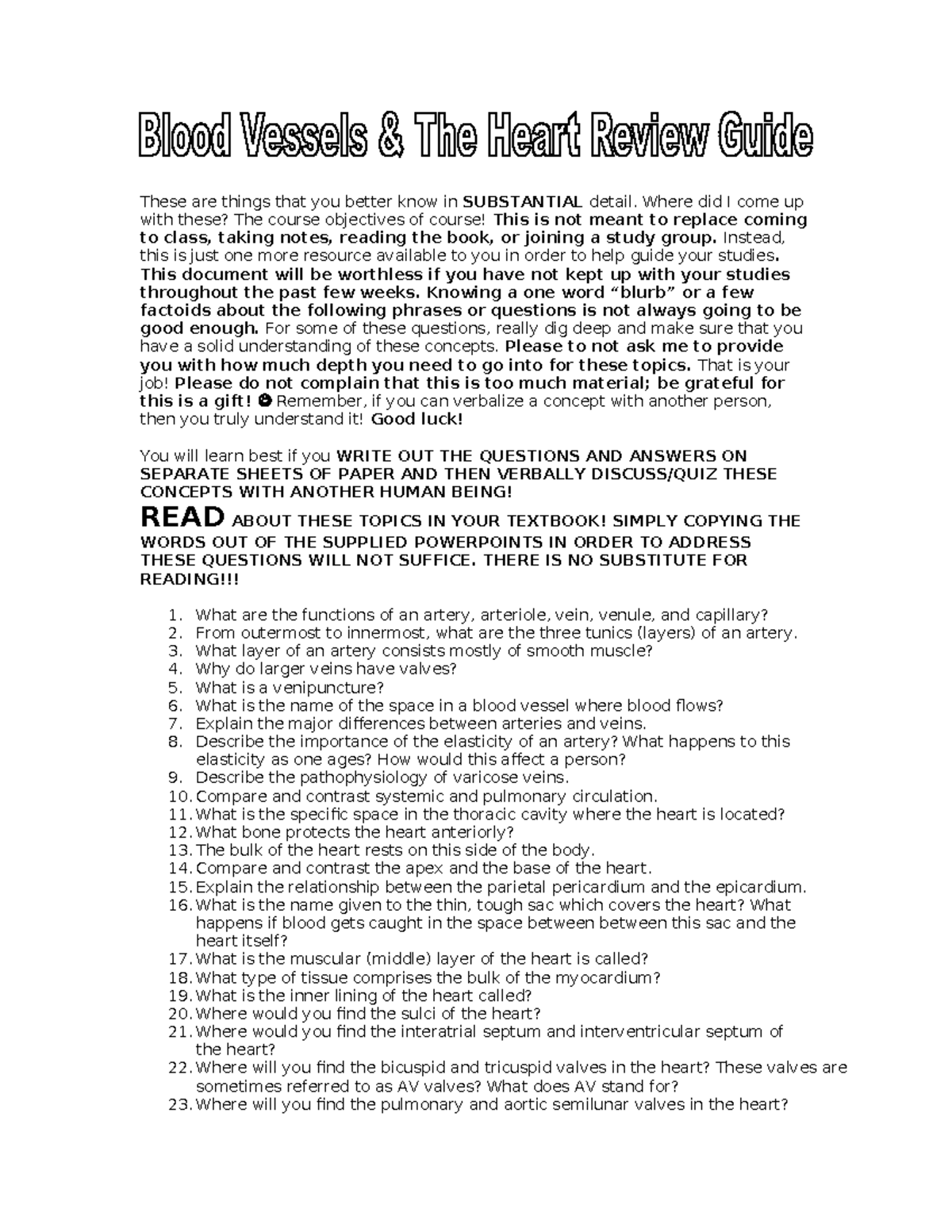 Module 3 Blood Vessels & The Heart Review Guide - These are things that ...