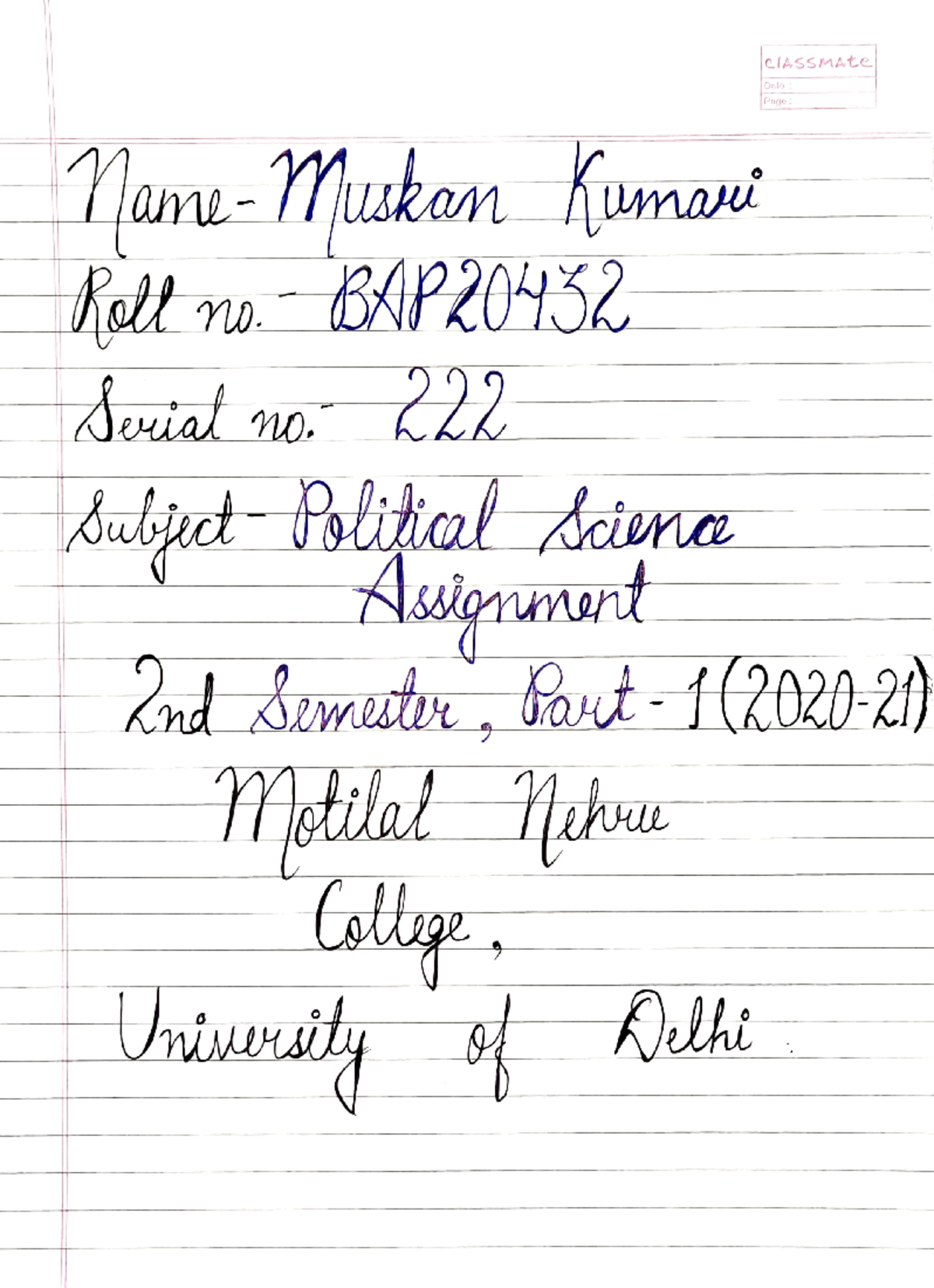 Muskan Kumari Sem 2 Pol Science Assignment - CIASSMAte Onto Page Tanu-mukan Kumau lt raBAP Aual ...