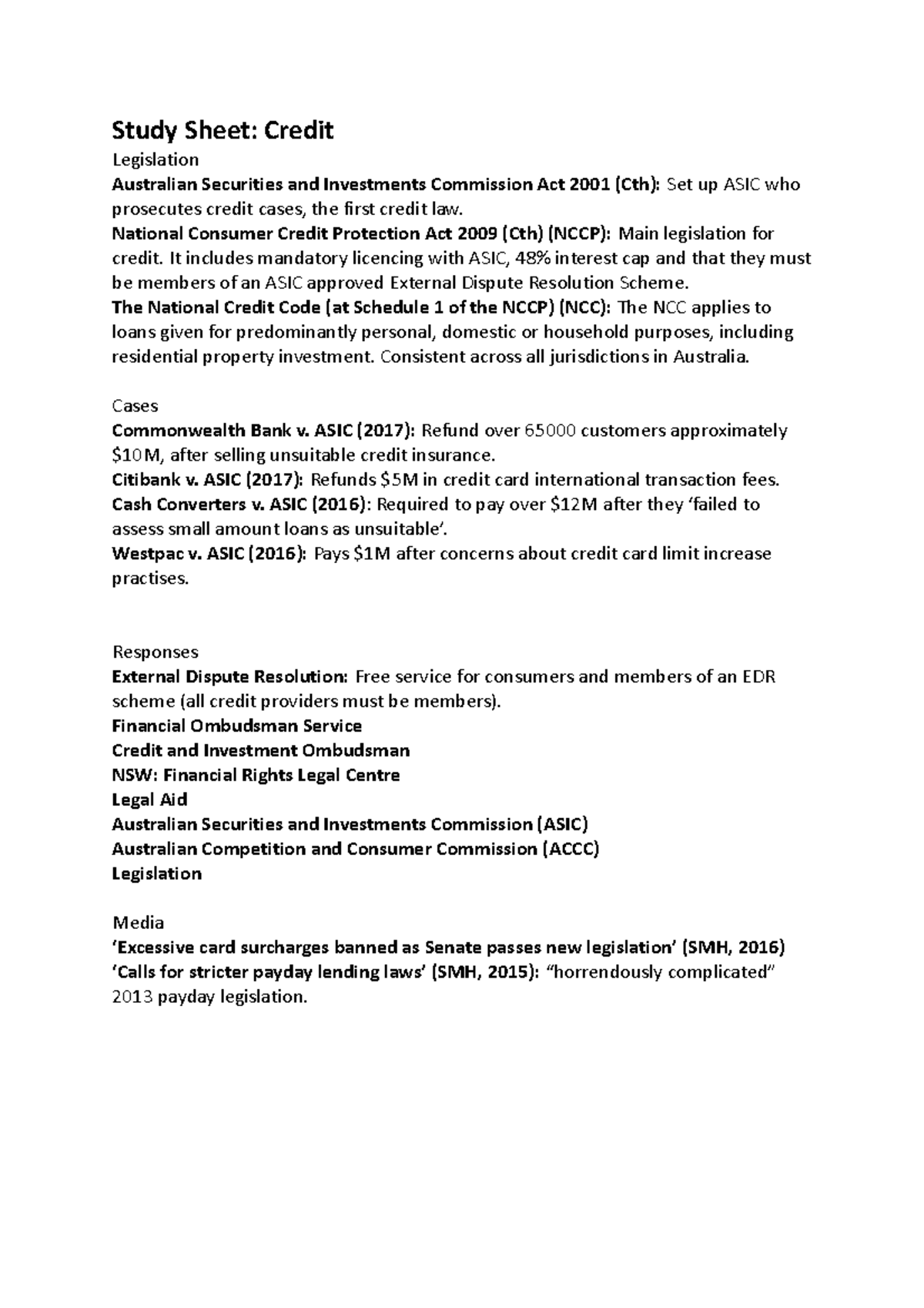 A XZy consumer study sheets - Study Sheet: Credit Legislation ...