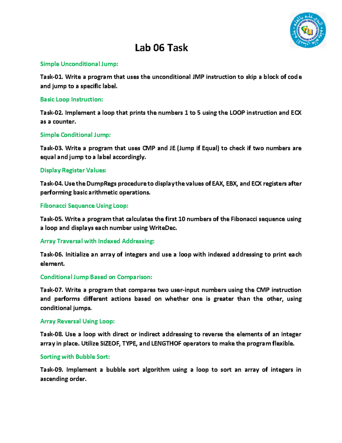 Lab6 - codes - Lab 06 Task Simple Unconditional Jump: Task- 01. Write a program that uses the ...