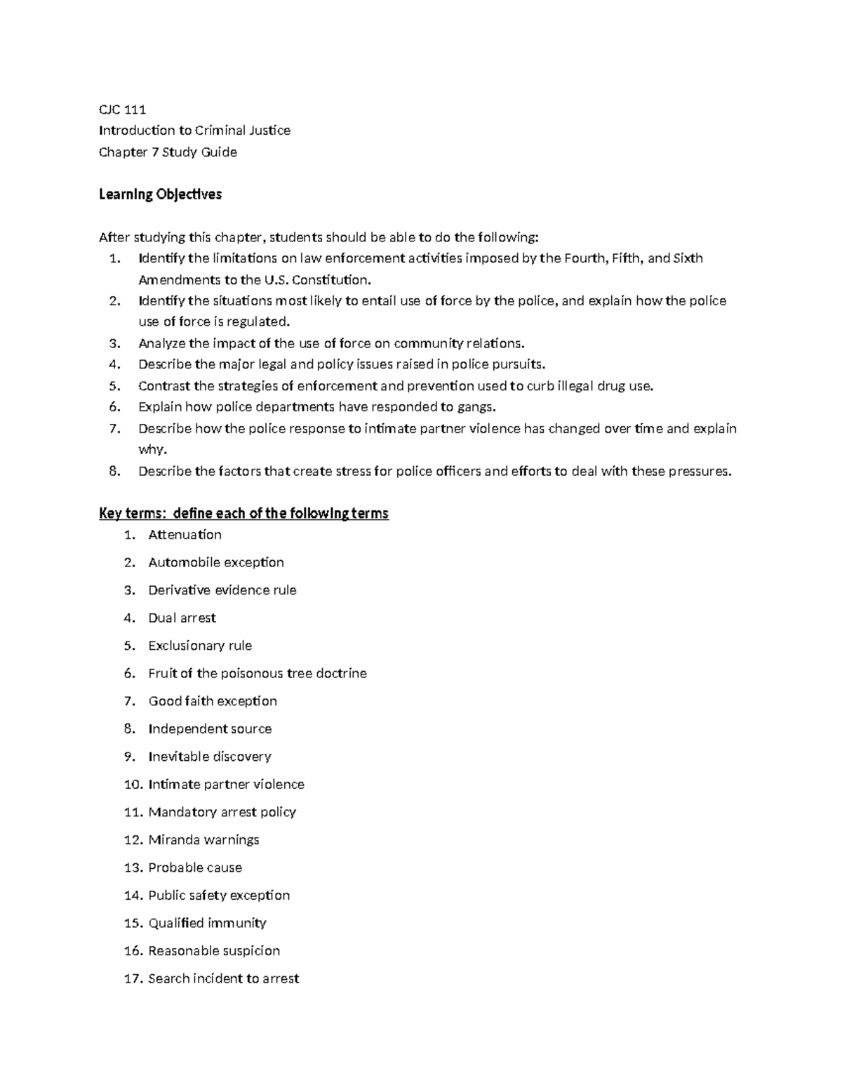 CJC 111 Chapter 7 Study Guide - CJC 111 Introduction to Criminal ...