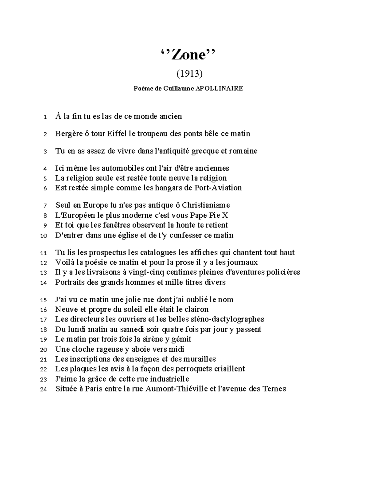 Zone - texte - ‘’Zone’’ (1913) Poème de Guillaume APOLLINAIRE À la fin ...