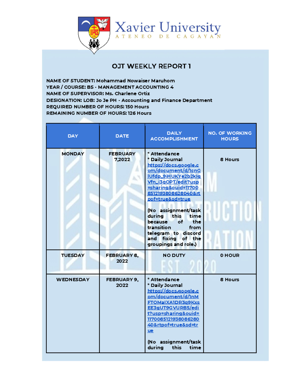 Maruhom OJT Weekly Report WEEK1 - OJT WEEKLY REPORT 1 NAME OF STUDENT ...