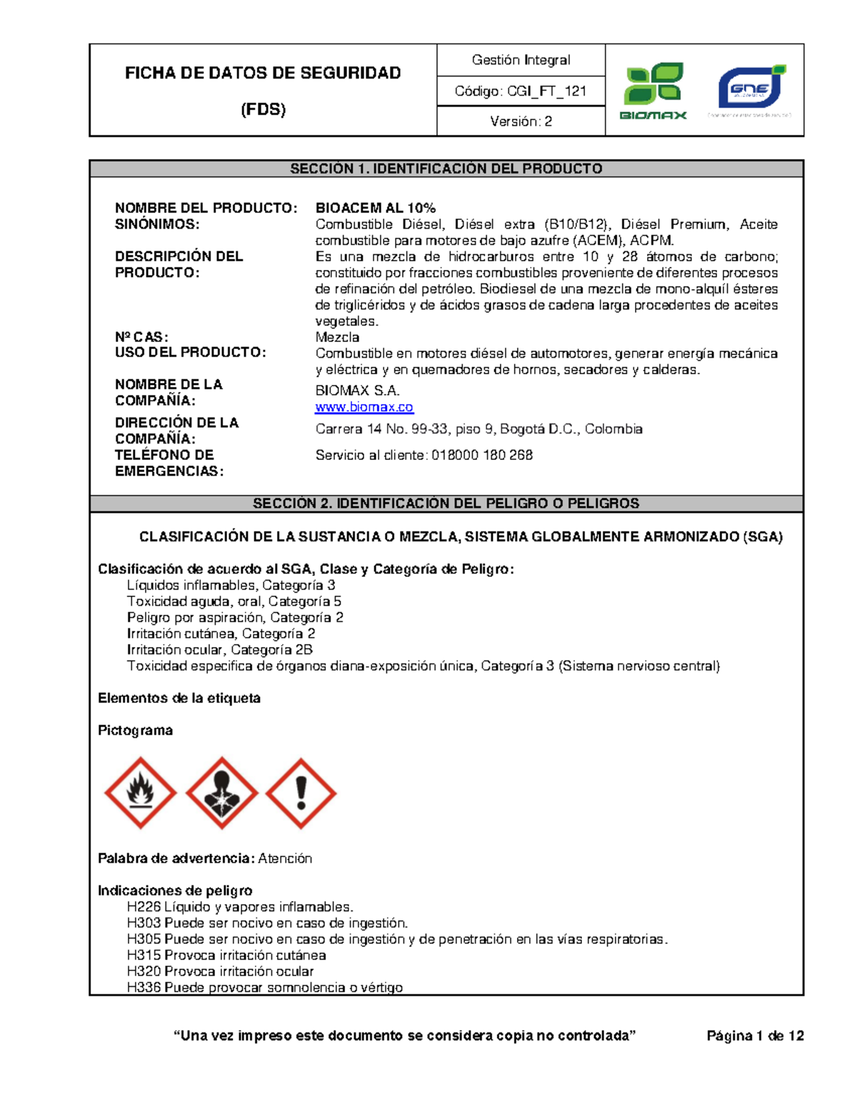 1. FDS Bioacem AL 10% - FICHA DE DATOS DE SEGURIDAD (FDS) Código: CGI ...