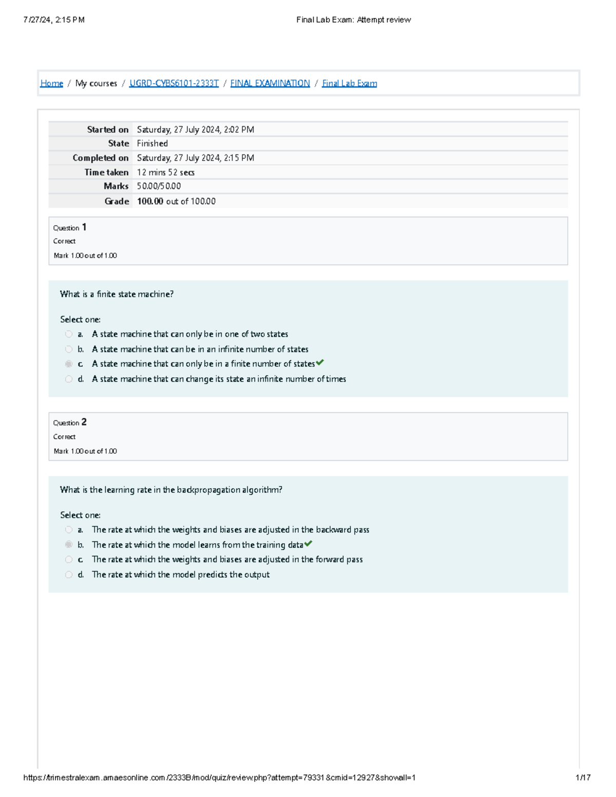 CYBS6101 Artificial Intelligence Fundamentals Final Lab Exam Attempt ...