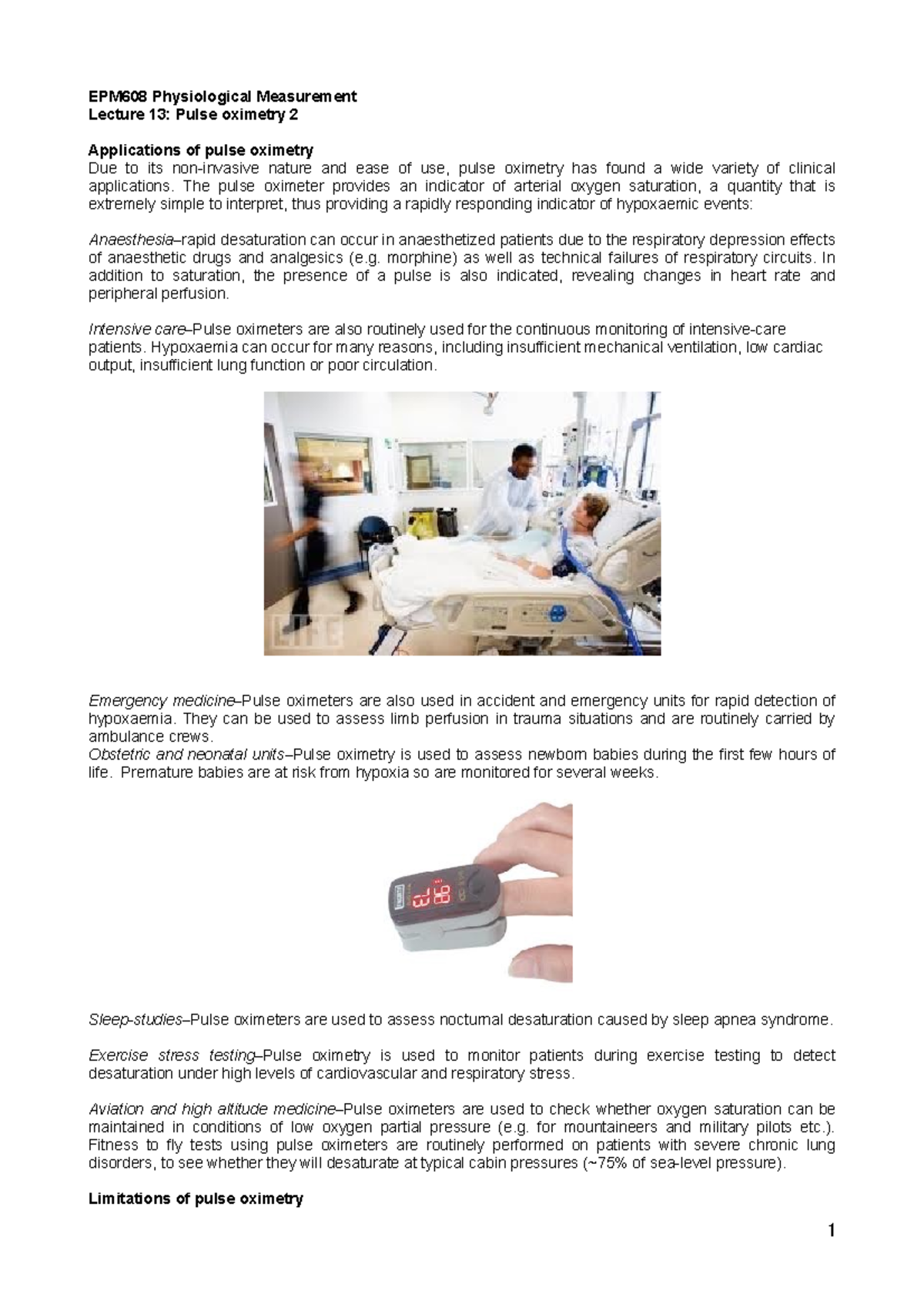 Lecture 13 - Pulse Oximetry 2 - EPM608 Physiological Measurement Lecture 13: Pulse oximetry 2 ...