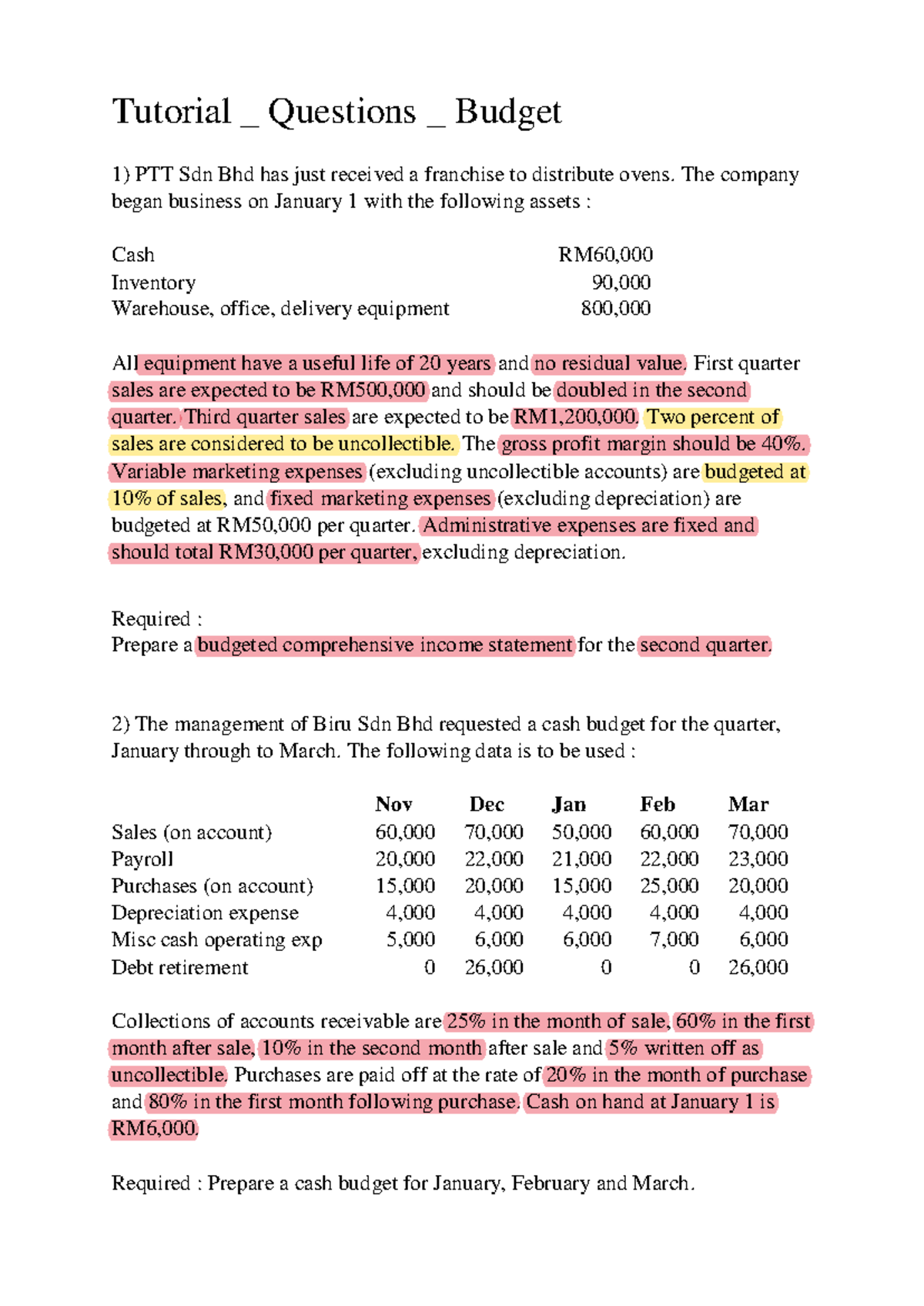 Tutorial Questions Budget A - Introduction to Accounting - Studocu