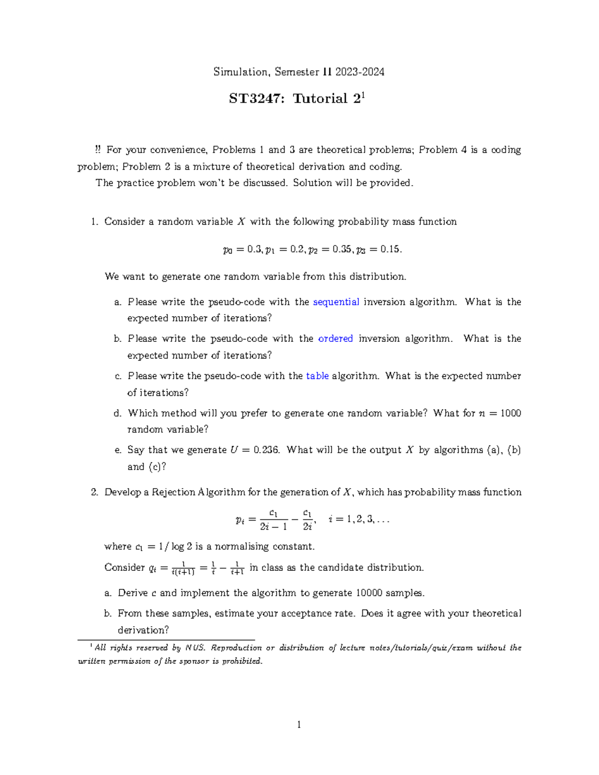 Tutorial 2 - dthtd - Simulation, Semester II 2023- ST3247: Tutorial 2 1 ...