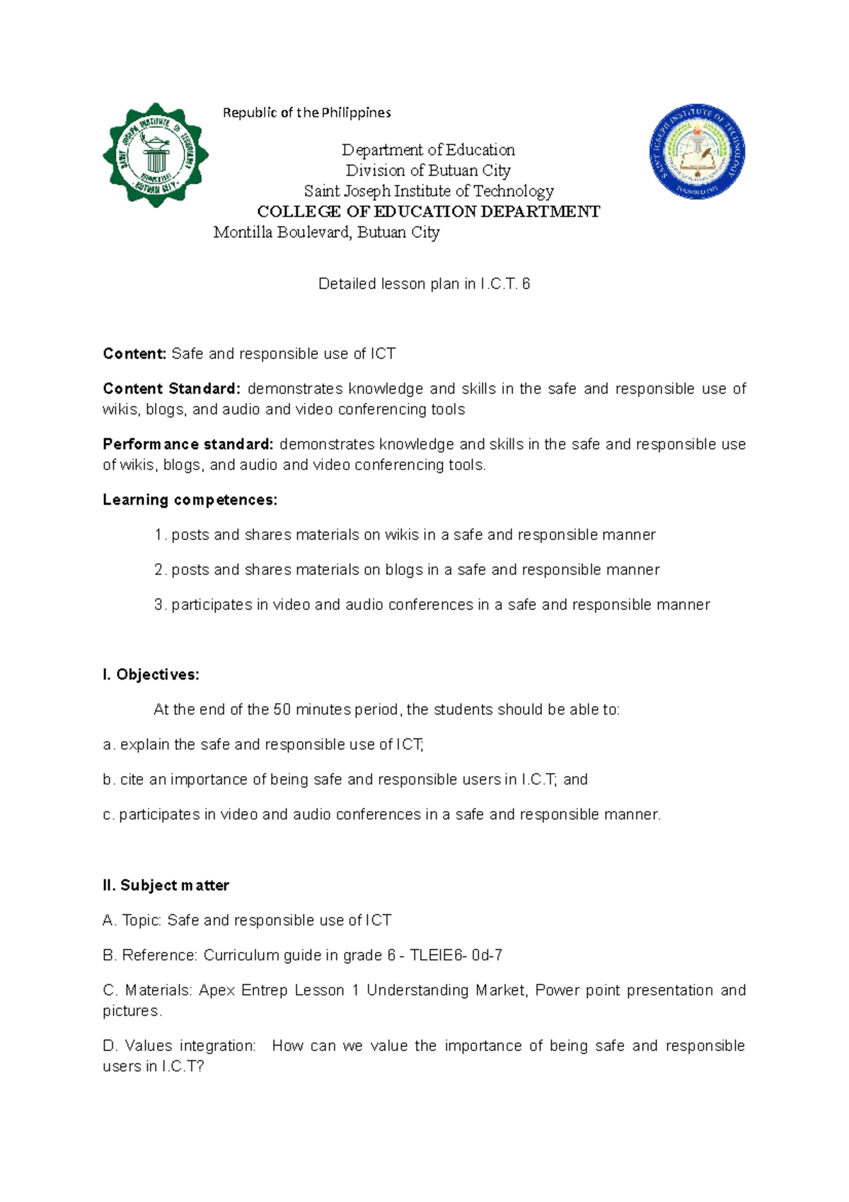 503167354 Detailed Lesson Plan Grade 6 ICT 1 2 1 - Republic of the ...