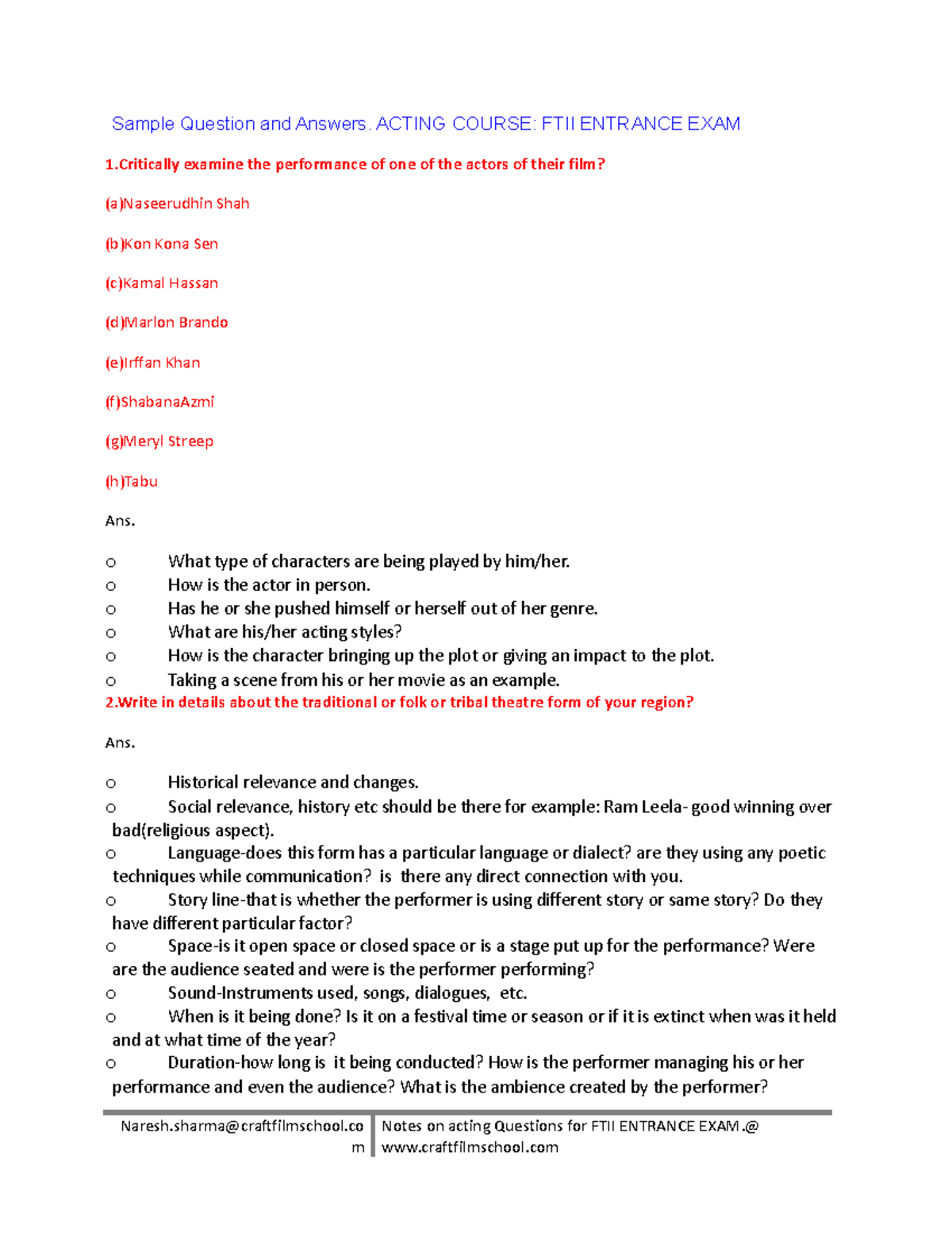 003.Sample Questions with answers - Sample Question and Answers. ACTING ...