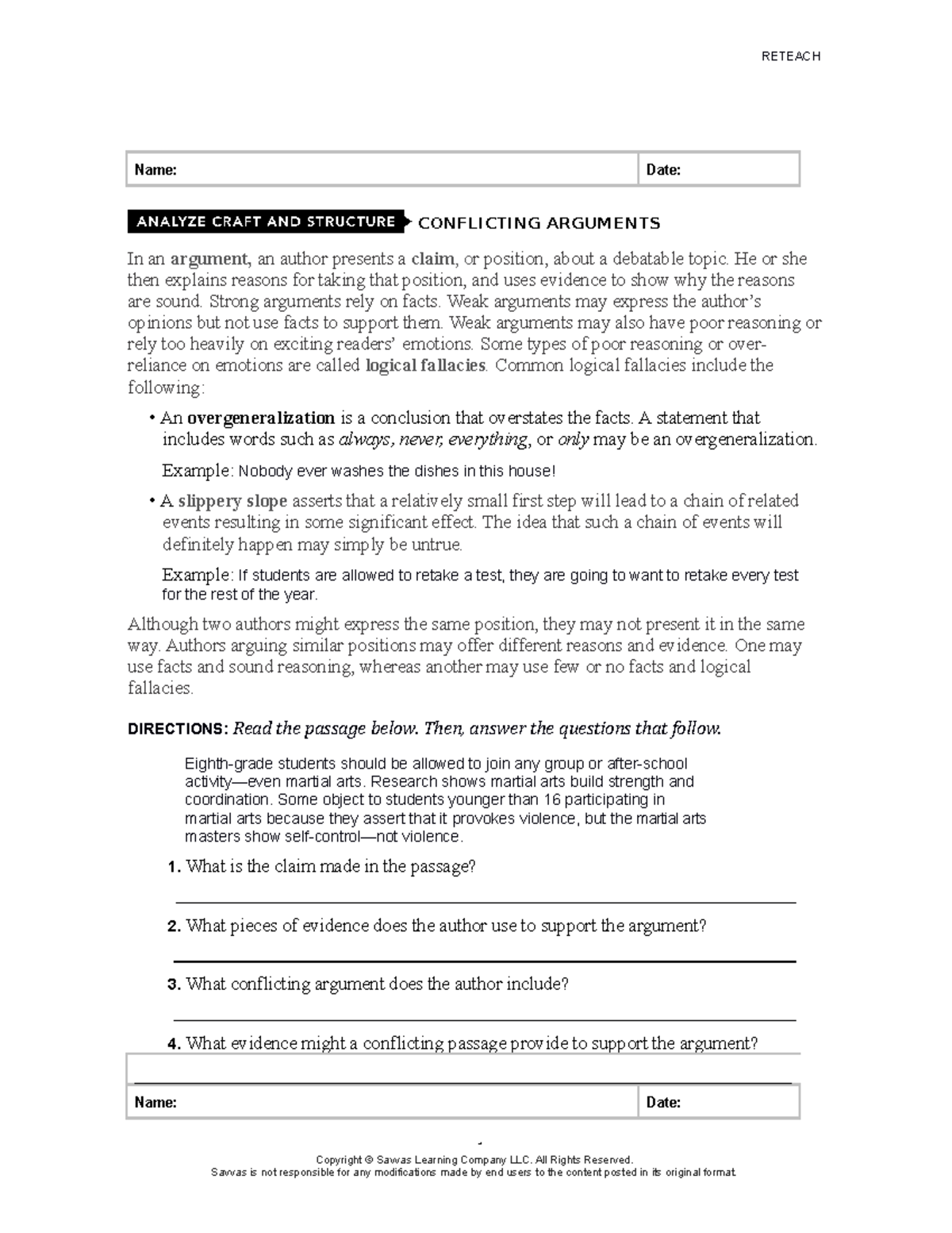 LIT17 ANC G8U3 Ban Soda CS RP - RETEACH Name: Date: CONFLICTING ARGUMENTS In an argument, an ...