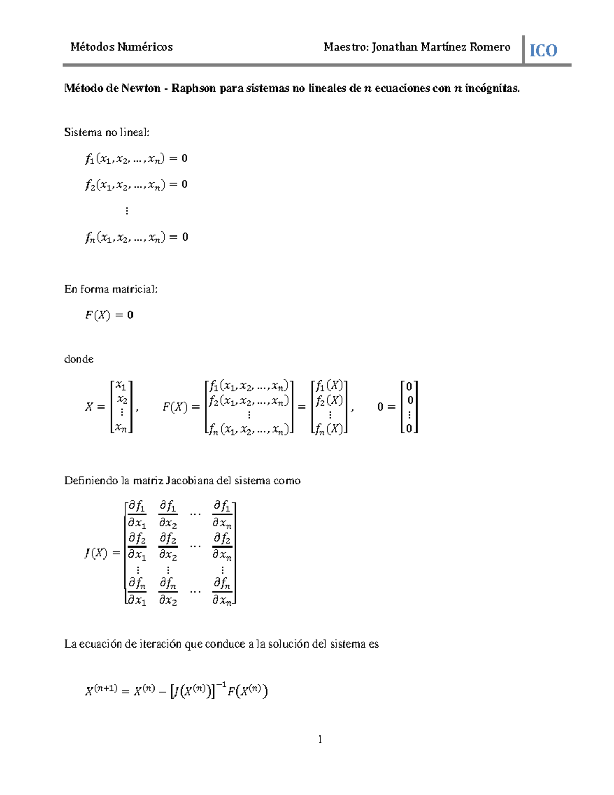 Metodos numericos 4 - ICO Método de Newton - Raphson para sistemas no ...