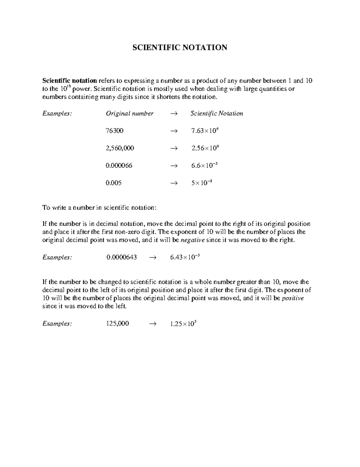 Chem 102 Scientific Notation Exercises - SCIENTIFIC NOTATION Scientific ...