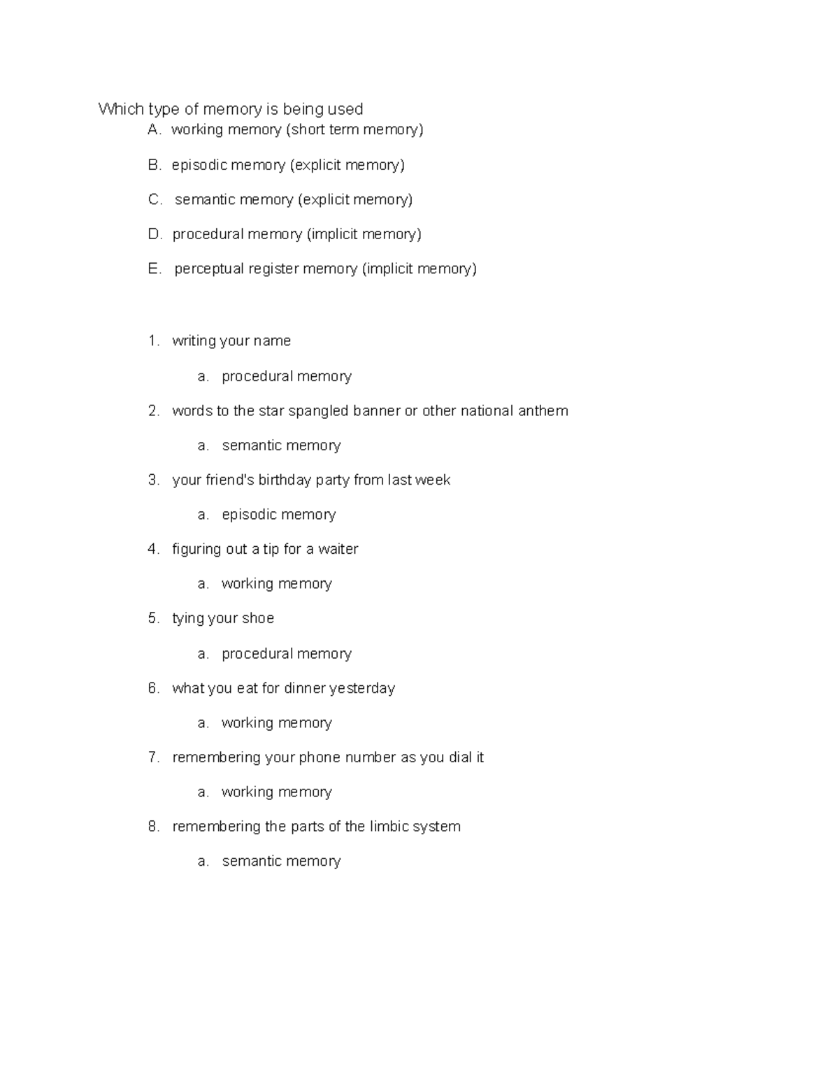 Memory Which Type Of Memory Is Being Used A Working Memory short