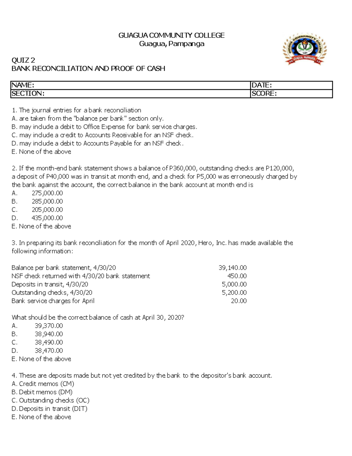 QUIZ 2 Int Acc 1 - material - QUIZ 2 BANK RECONCILIATION AND PROOF OF ...