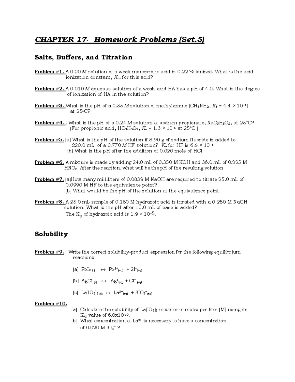 17 Homework - HW FROM CHAPTER 17 - CHAPTER 1 7 - Homework Problems (Set ...