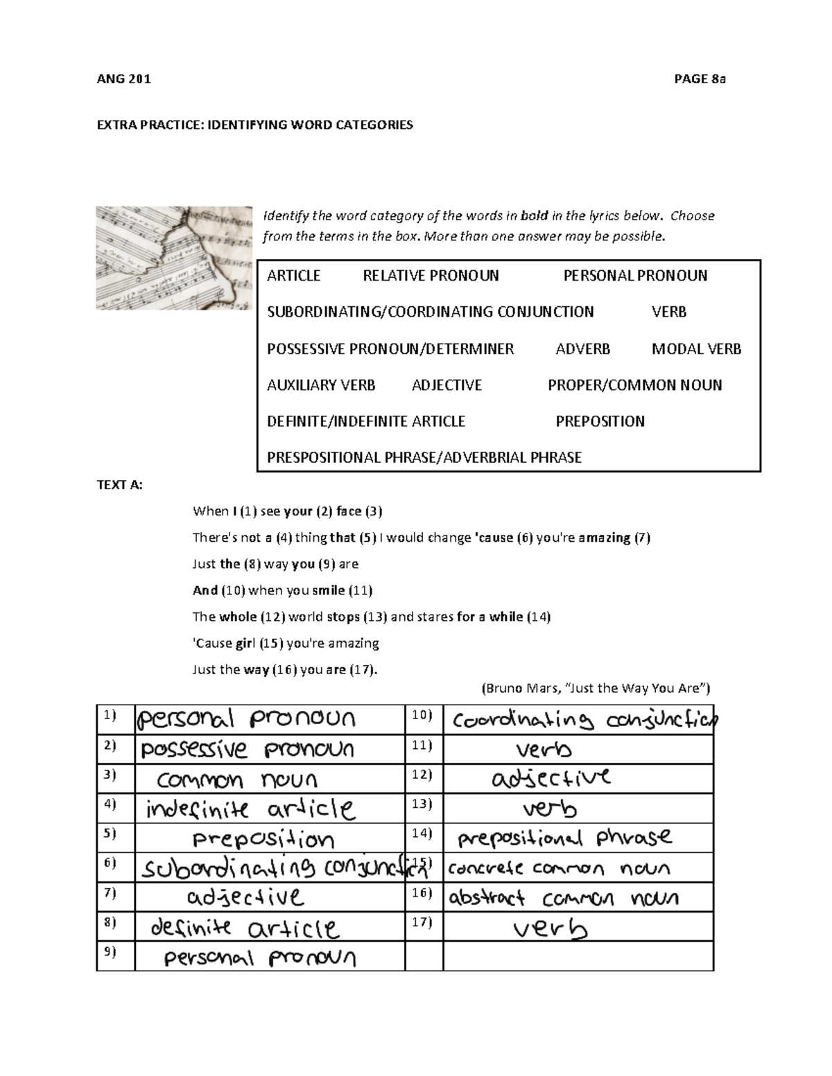 8a song text grammar terms and answer key - ANG 201 PAGE 8a EXTRA ...