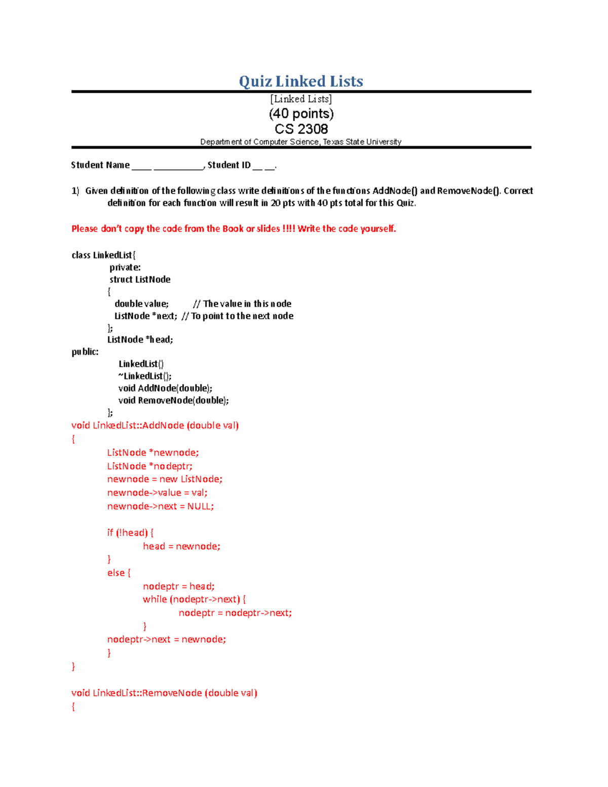 Quiz - Linked Lists-1 - Quiz Linked Lists [Linked Lists] (40 points) CS ...