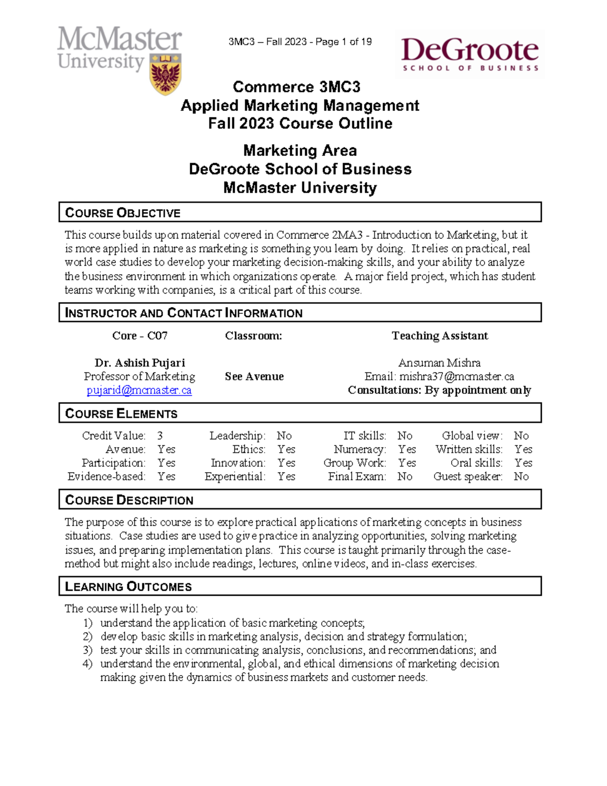 3mc3 course outline - Commerce 3MC Applied Marketing Management Fall 2023 Course Outline ...