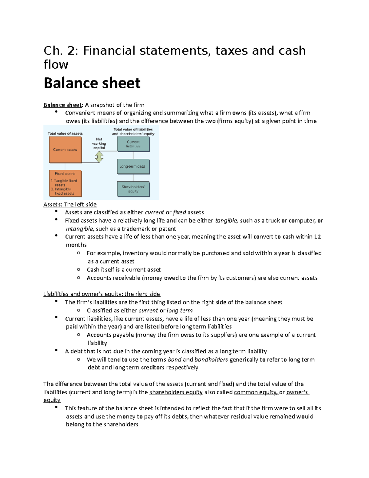 Ch 2 principles of finance - Ch. 2: Financial statements, taxes and cash flow Balance sheet ...