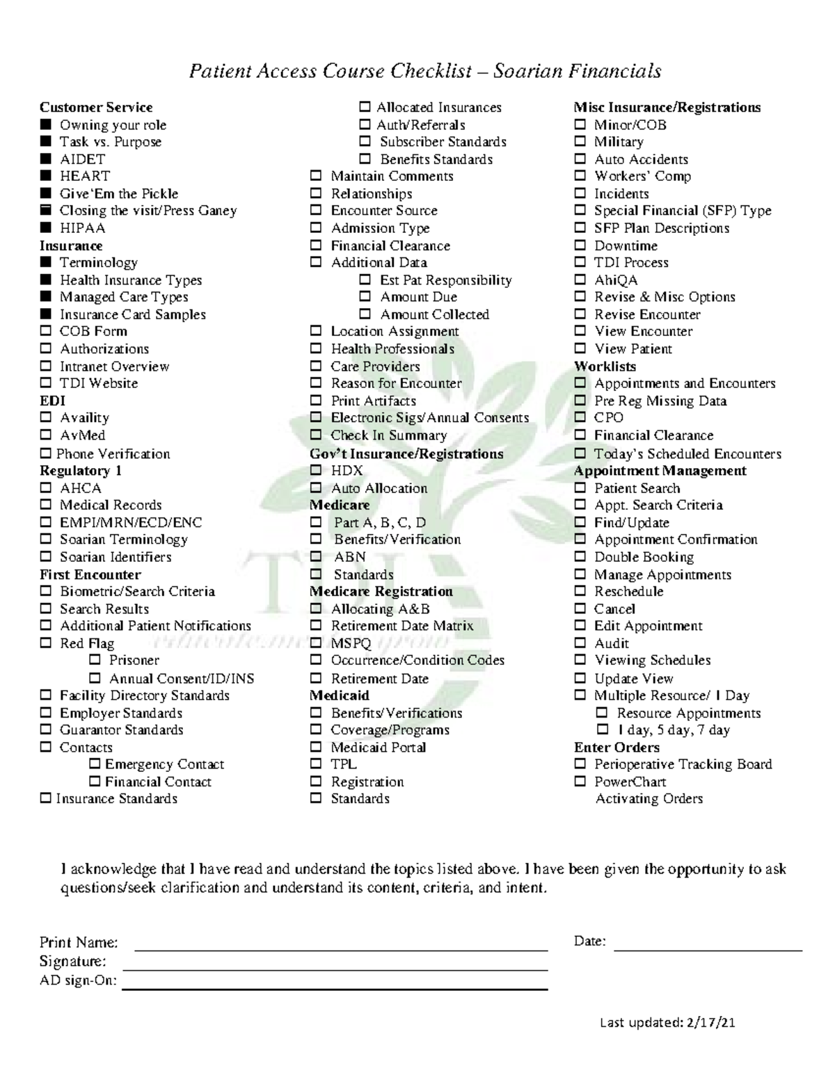 Soarian Patient Access Course Checklist 11111 - Last updated: 2/17 ...