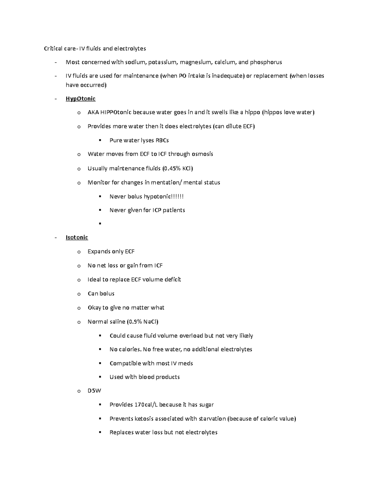 IV fluids and electrolyte notes - Critical care- IV fluids and ...