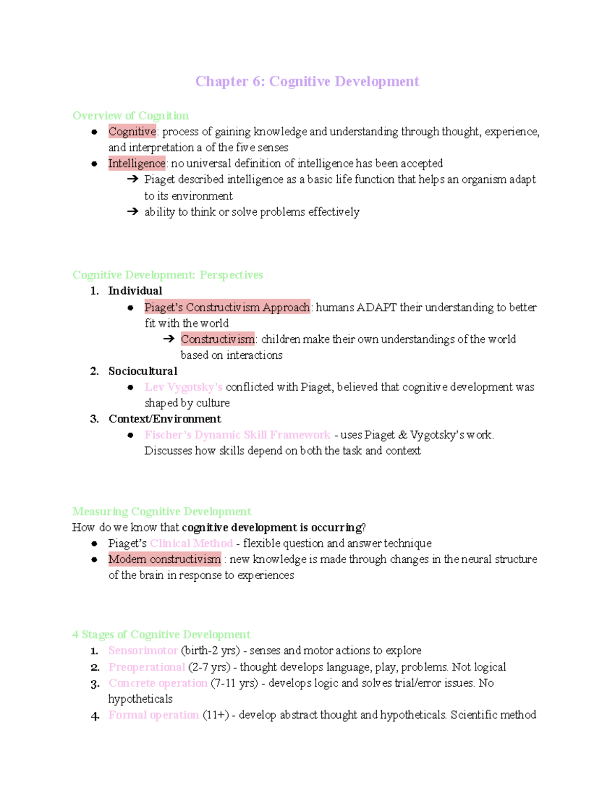 GDA Midterm 2 - Chapter 6: Cognitive Development Overview of Cognition Cognitive: process of ...