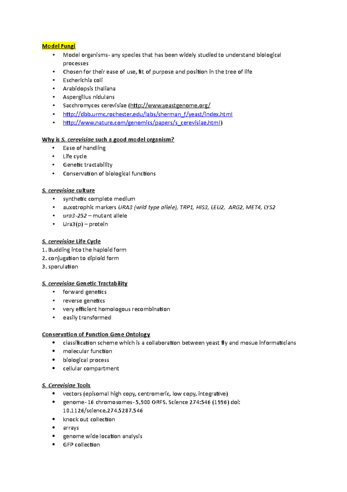 Model Fungi - Summary Molecular Mircobiology - Model Fungi - Model ...