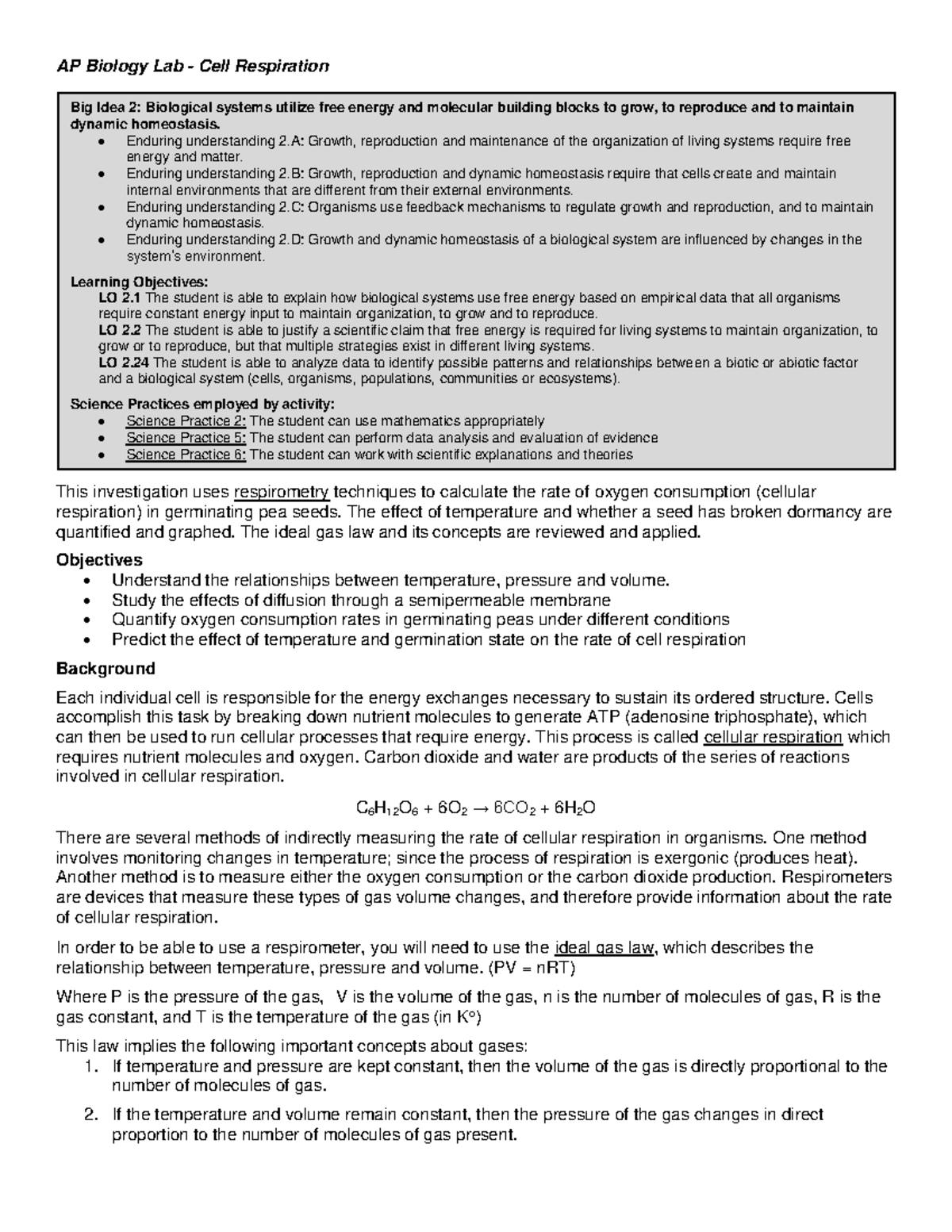 Cellular Respiration Lab-2013 - Big Idea 2: Biological systems utilize ...