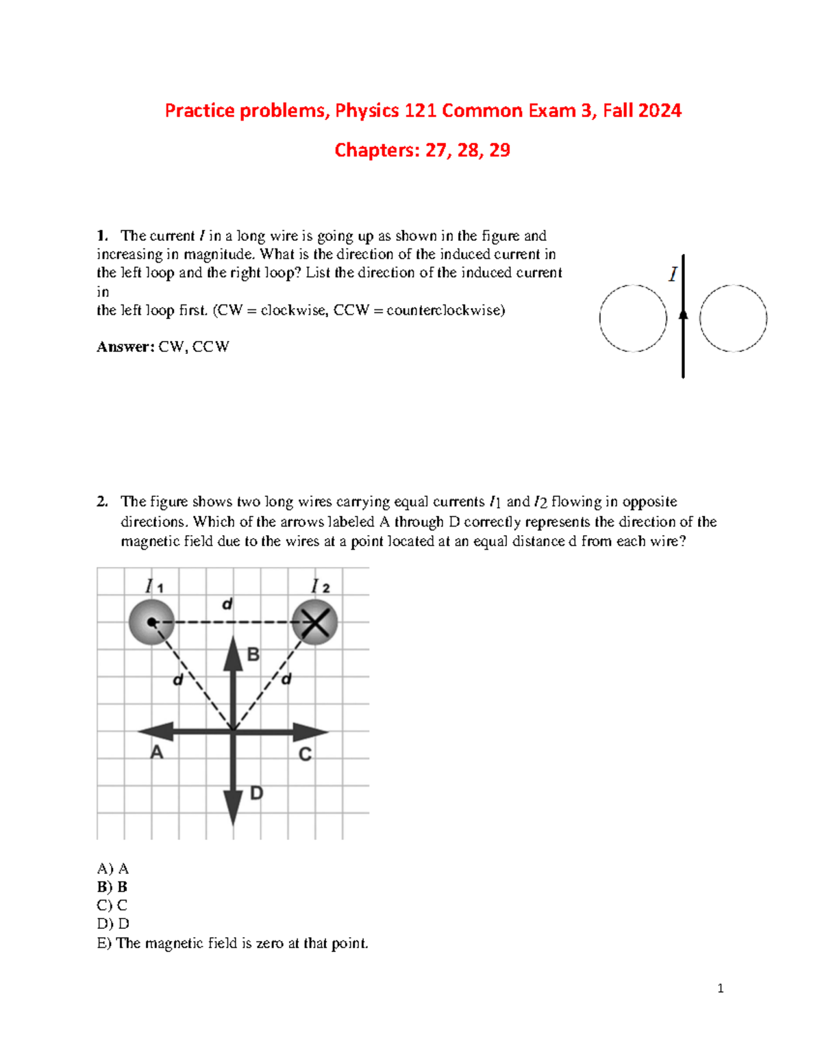 Practice problems with answers, Physics 121 Common Exam 3, Fall 2024 ...