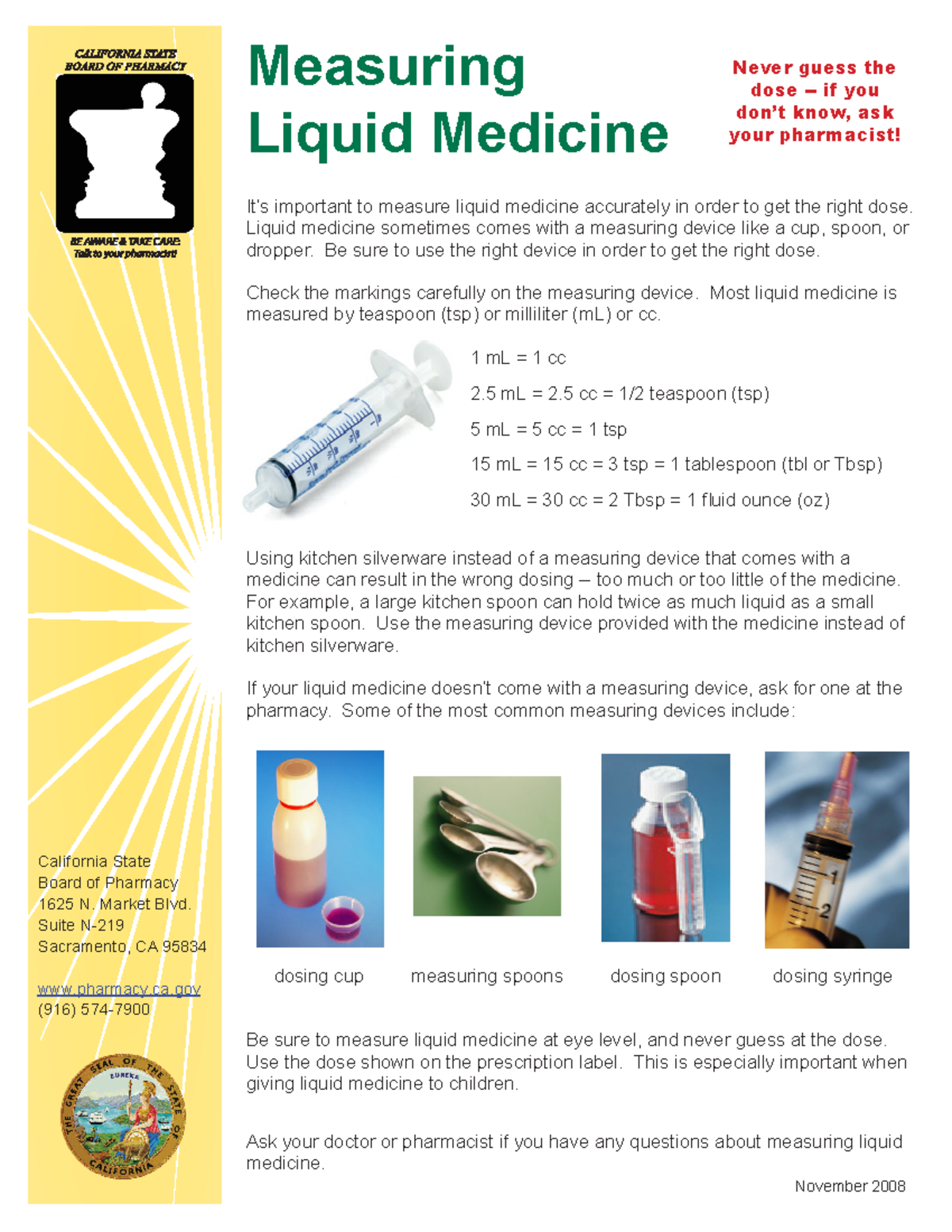 Measuring liquid medicine - California State Board of Pharmacy 1625 N ...