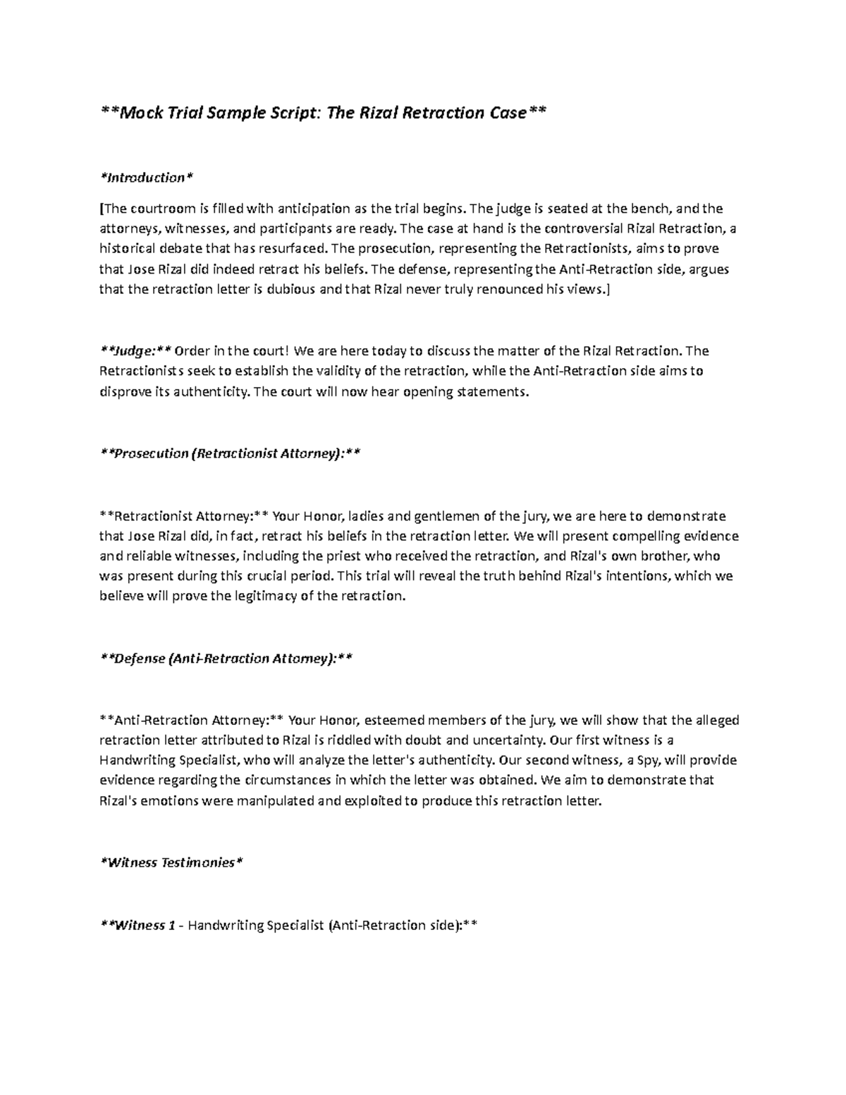 Mock Trial Sample Script (Rizal Retraction) - Mock Trial Sample Script ...
