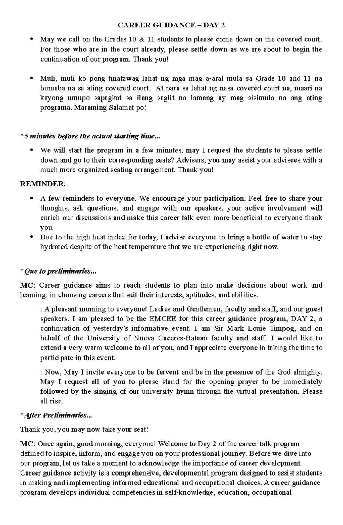 Career Guidance DAY 2 Script - CAREER GUIDANCE – DAY 2 May we call on ...