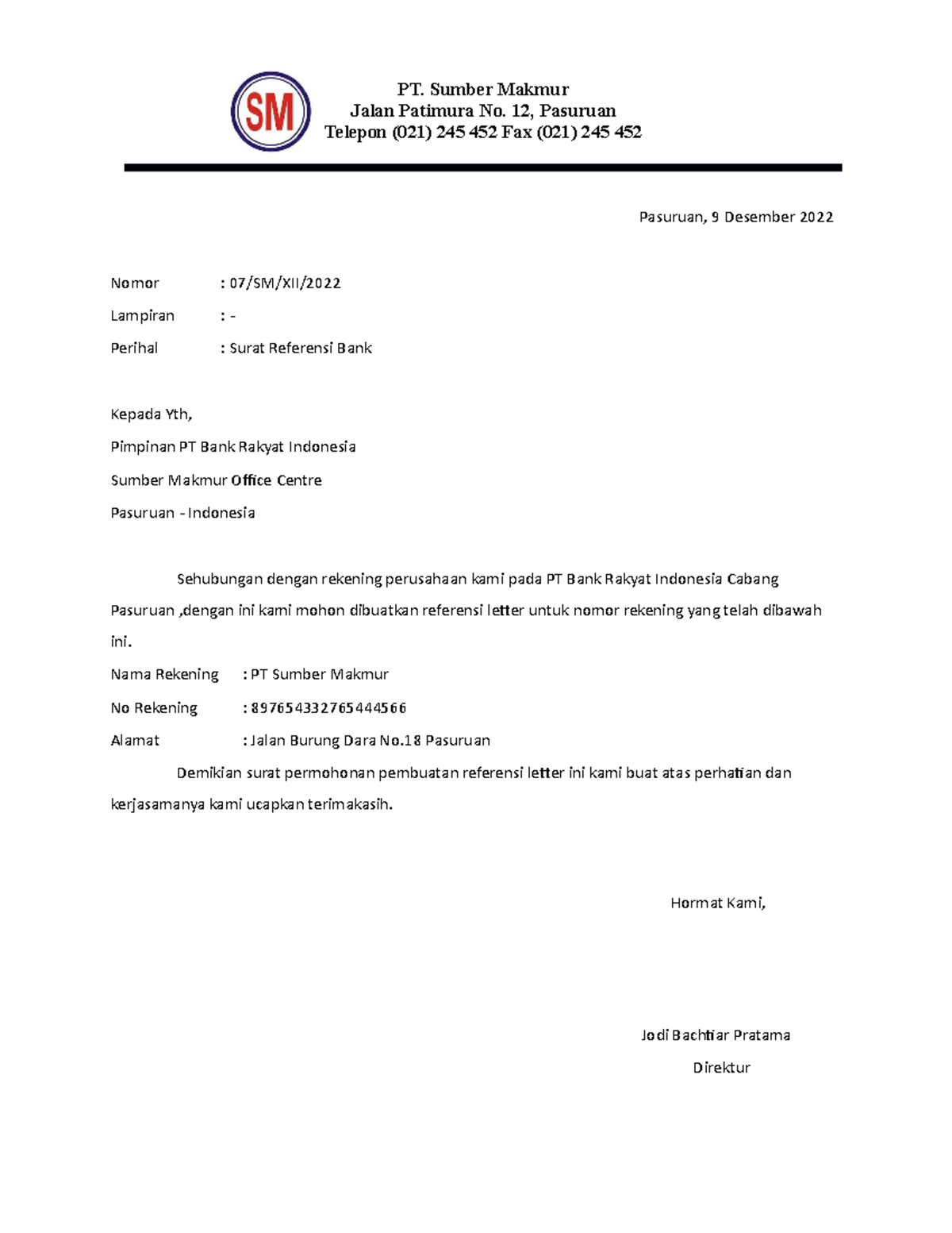 Surat Referensi Bank jodi - PT. Sumber Makmur Jalan Patimura No. 12 ...