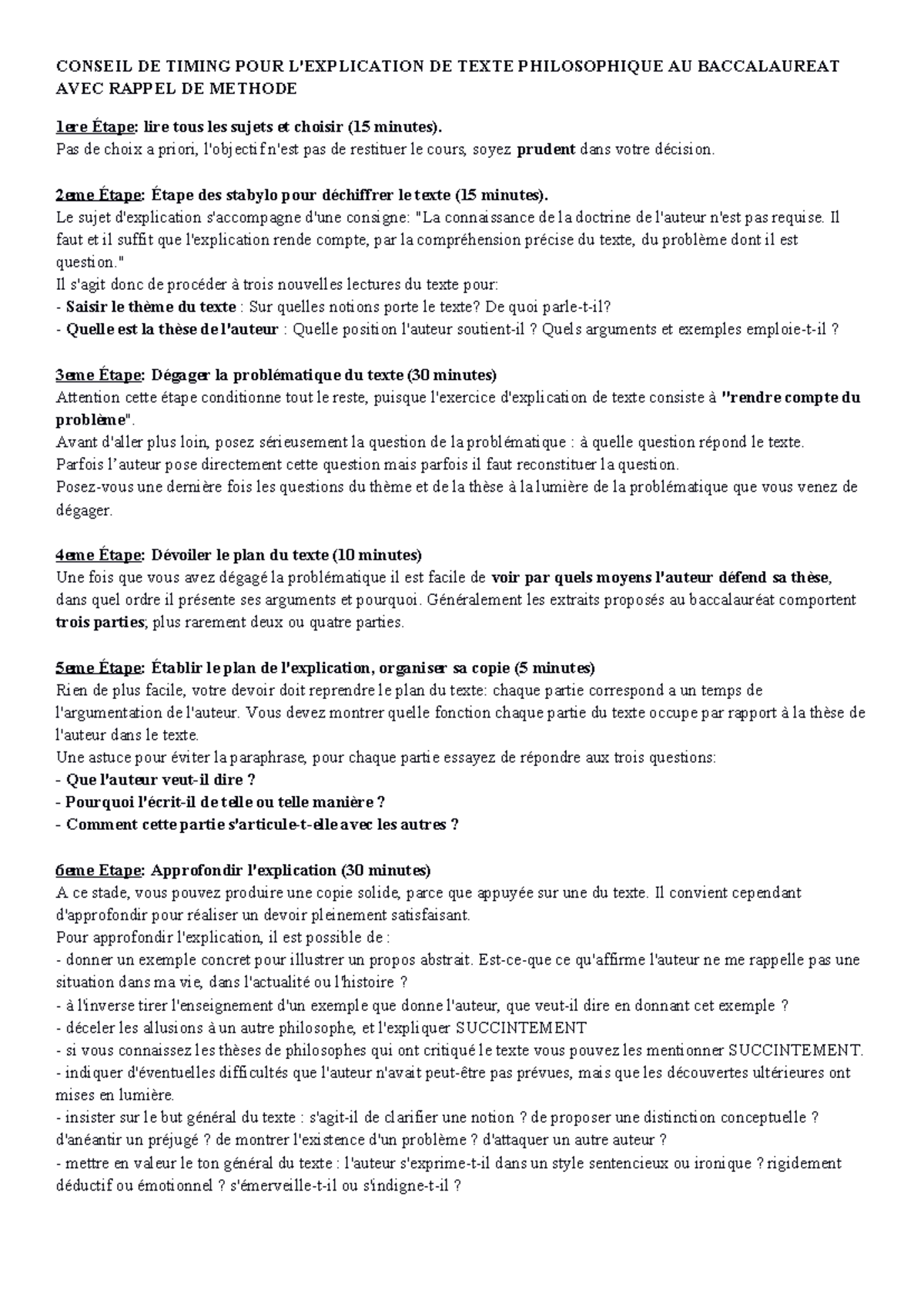 Timing Methodo Explication DE Texte - CONSEIL DE TIMING POUR L'EXPLICATION DE TEXTE ...