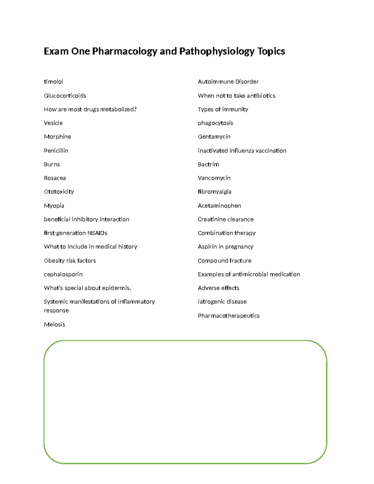 Pharm Patho Exam one - Exam One Pharmacology and Pathophysiology Topics ...