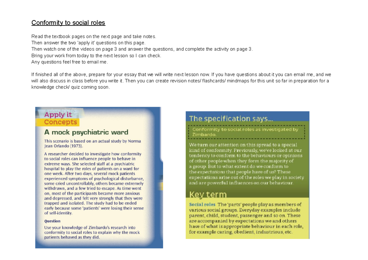 Psychology Work Tues 10 10 23 - Conformity to social roles Read the ...