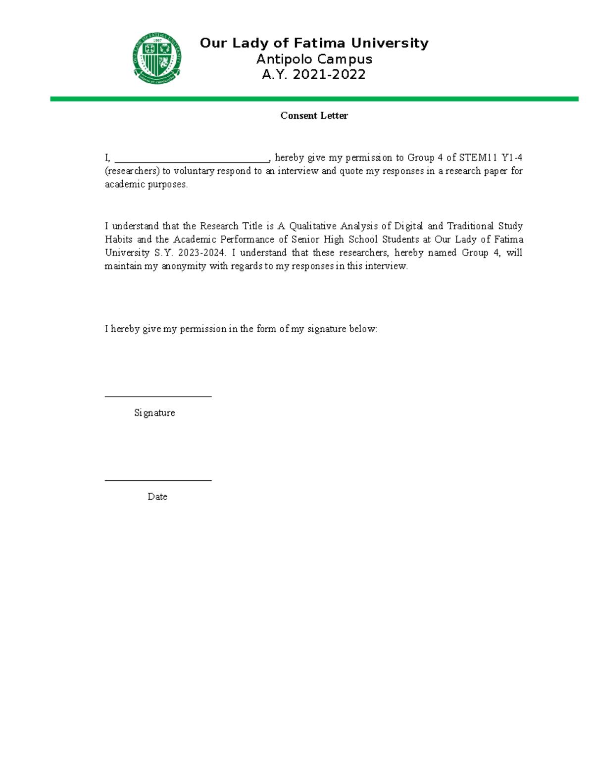 Consent letter interview - Our Lady of Fatima University Antipolo ...