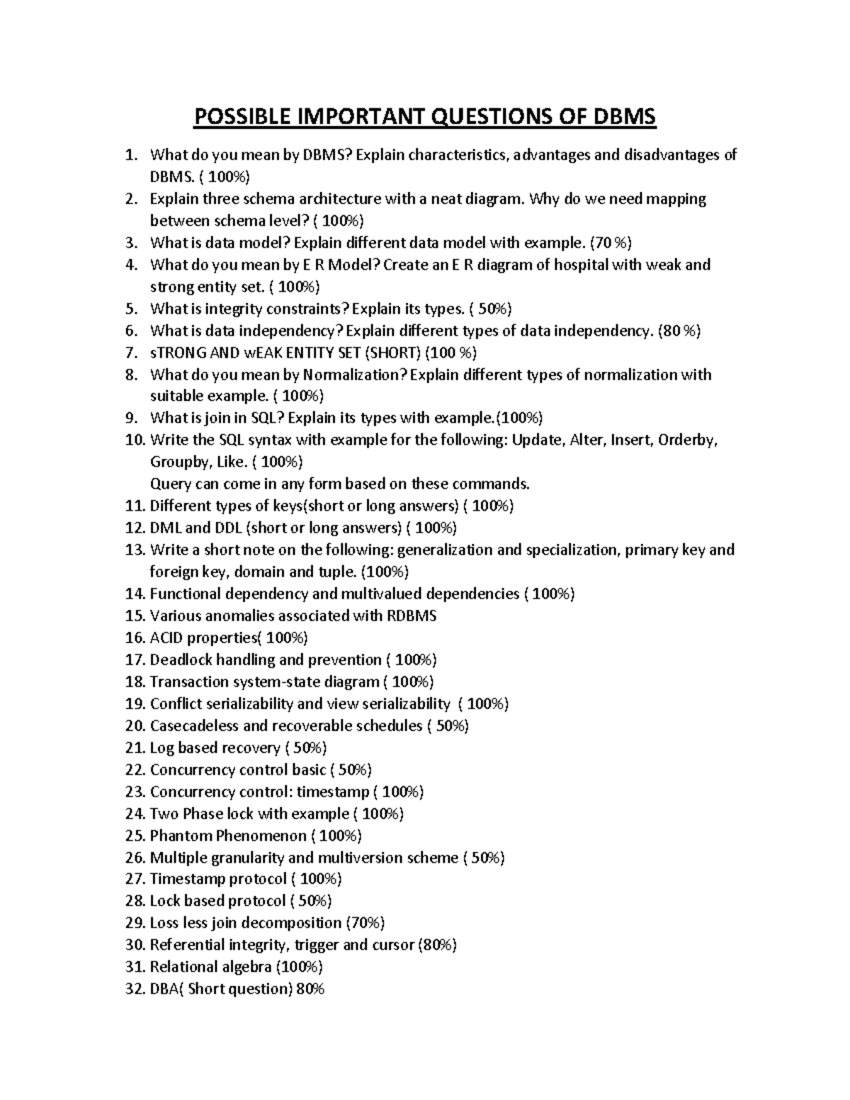 Possible Important Questions OF DBMS - POSSIBLE IMPORTANT QUESTIONS OF DBMS What do you mean by ...