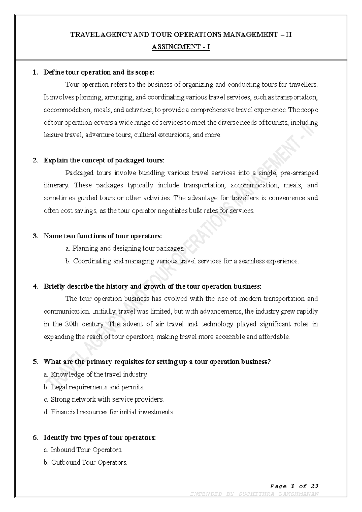 Travel Agency AND TOUR Operations Management II - Page 1 of 23 TRAVEL ...