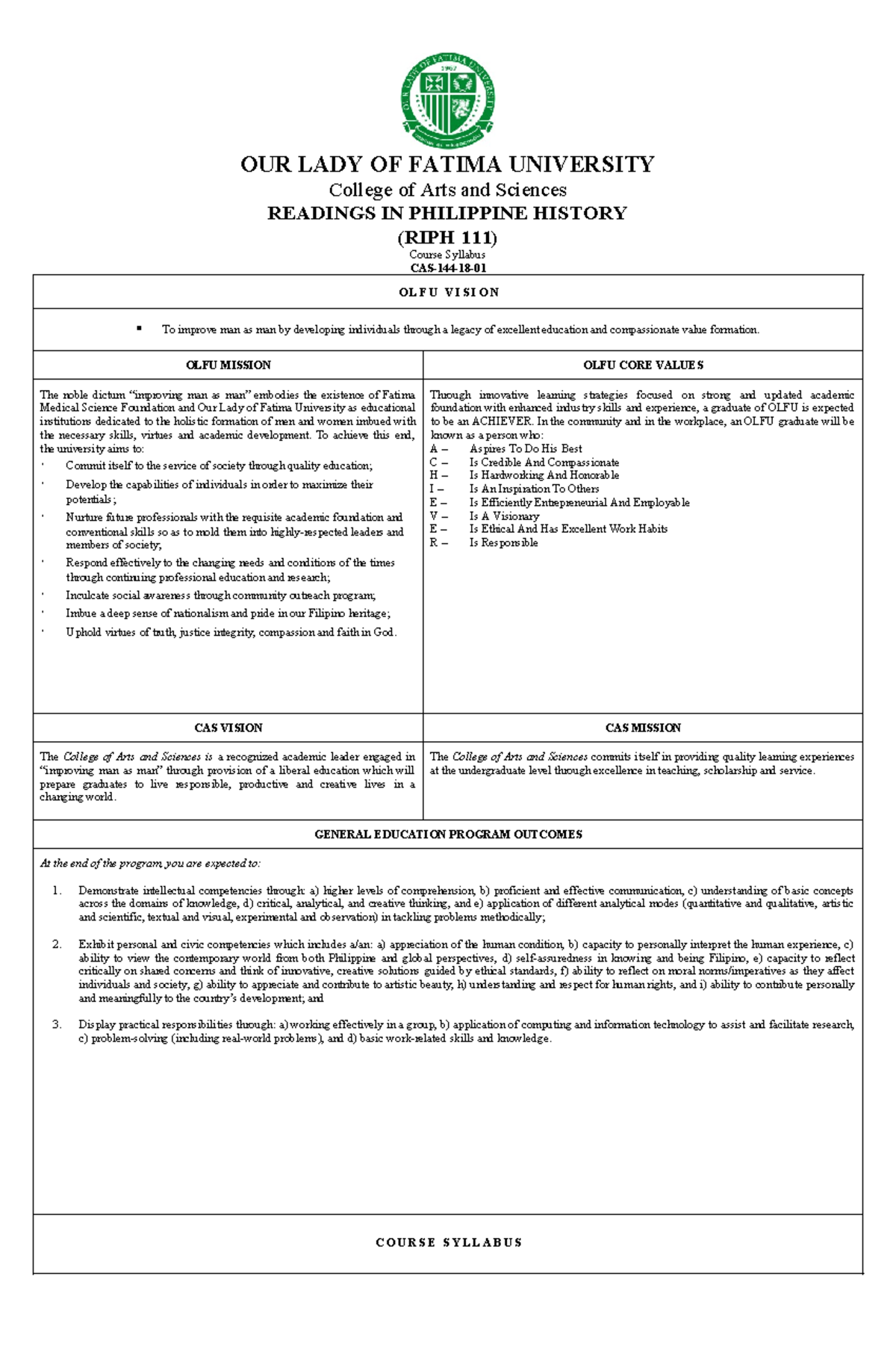 RIPH111 Syllabus - OUR LADY OF FATIMA UNIVERSITY College of Arts and Sciences READINGS IN ...