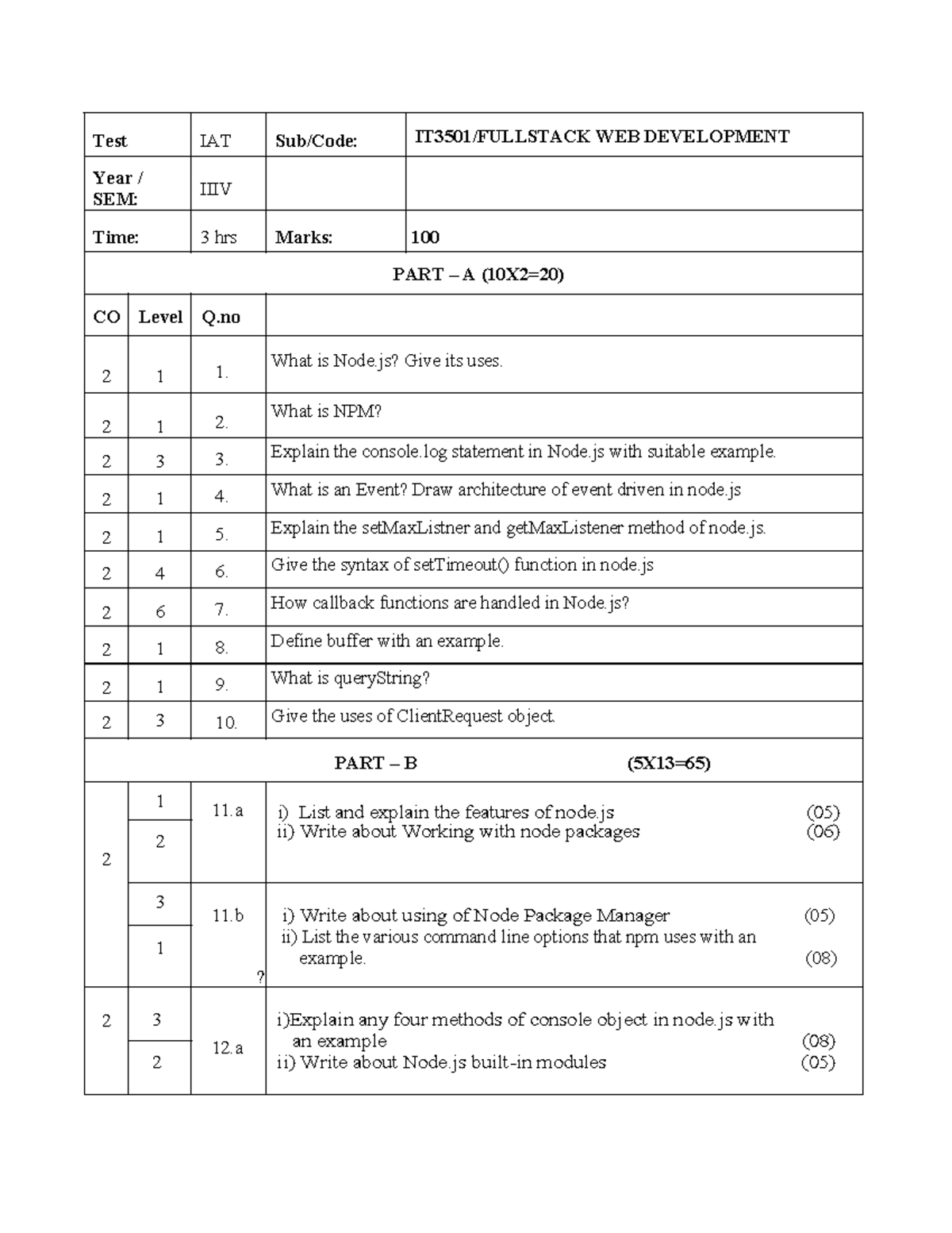 Fswd-unit2 question paper - Test IAT Sub/Code: IT3501/FULLSTACK WEB ...
