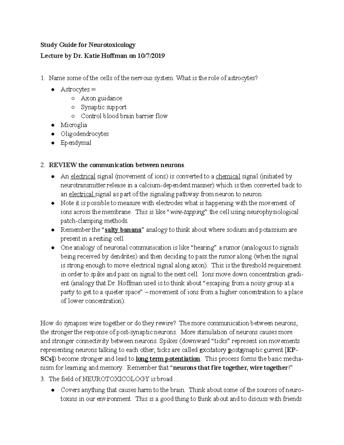 Neurotoxicology - Study Guide for Neurotoxicology Lecture by Dr. Katie ...
