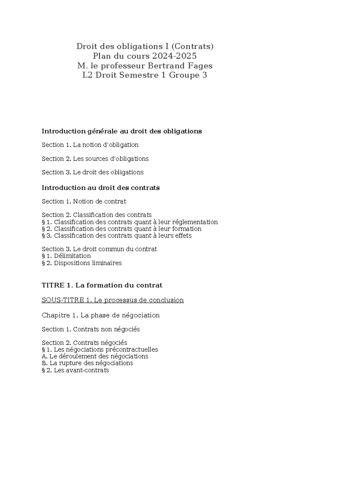 Obligations 1 (Contrats) Fages Plan de Cours 2024-2025 - Droit des ...