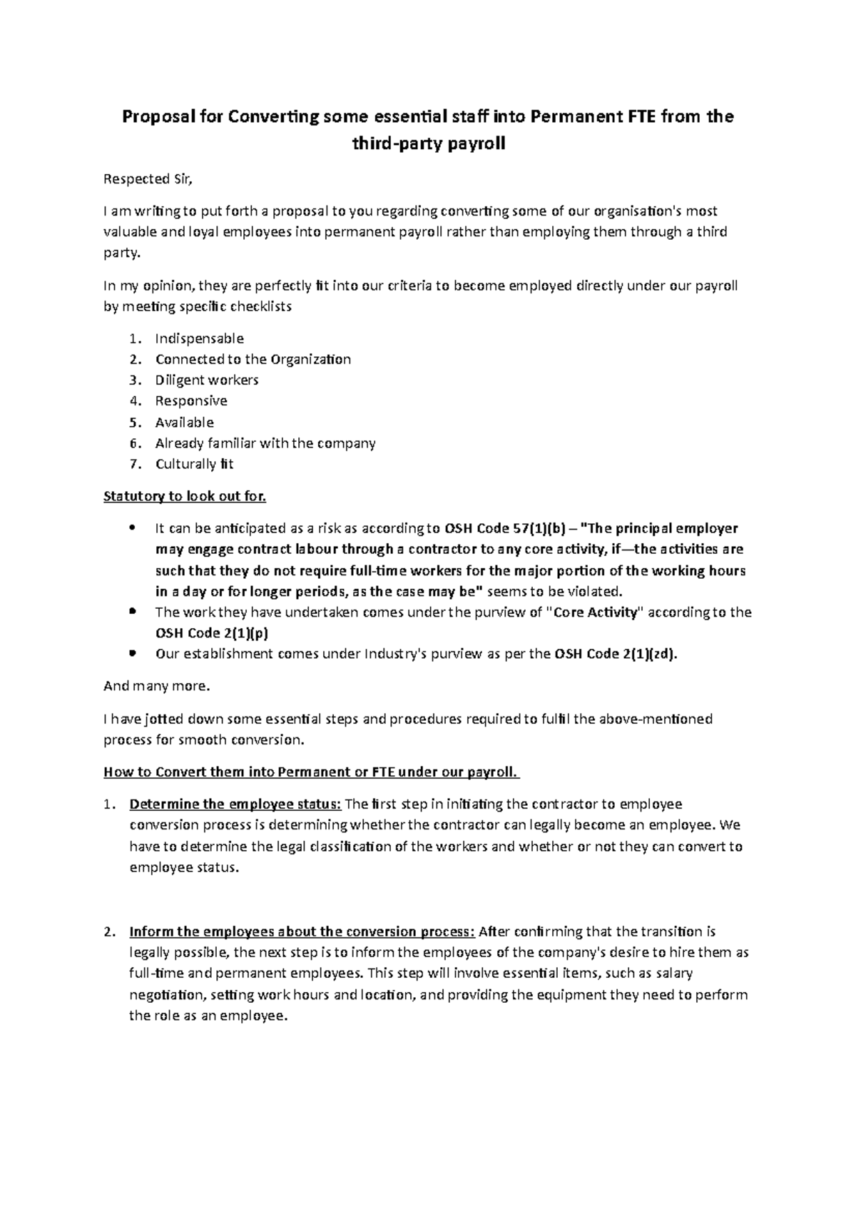 Proposal for FTE conversion of Third party workers - Proposal for ...