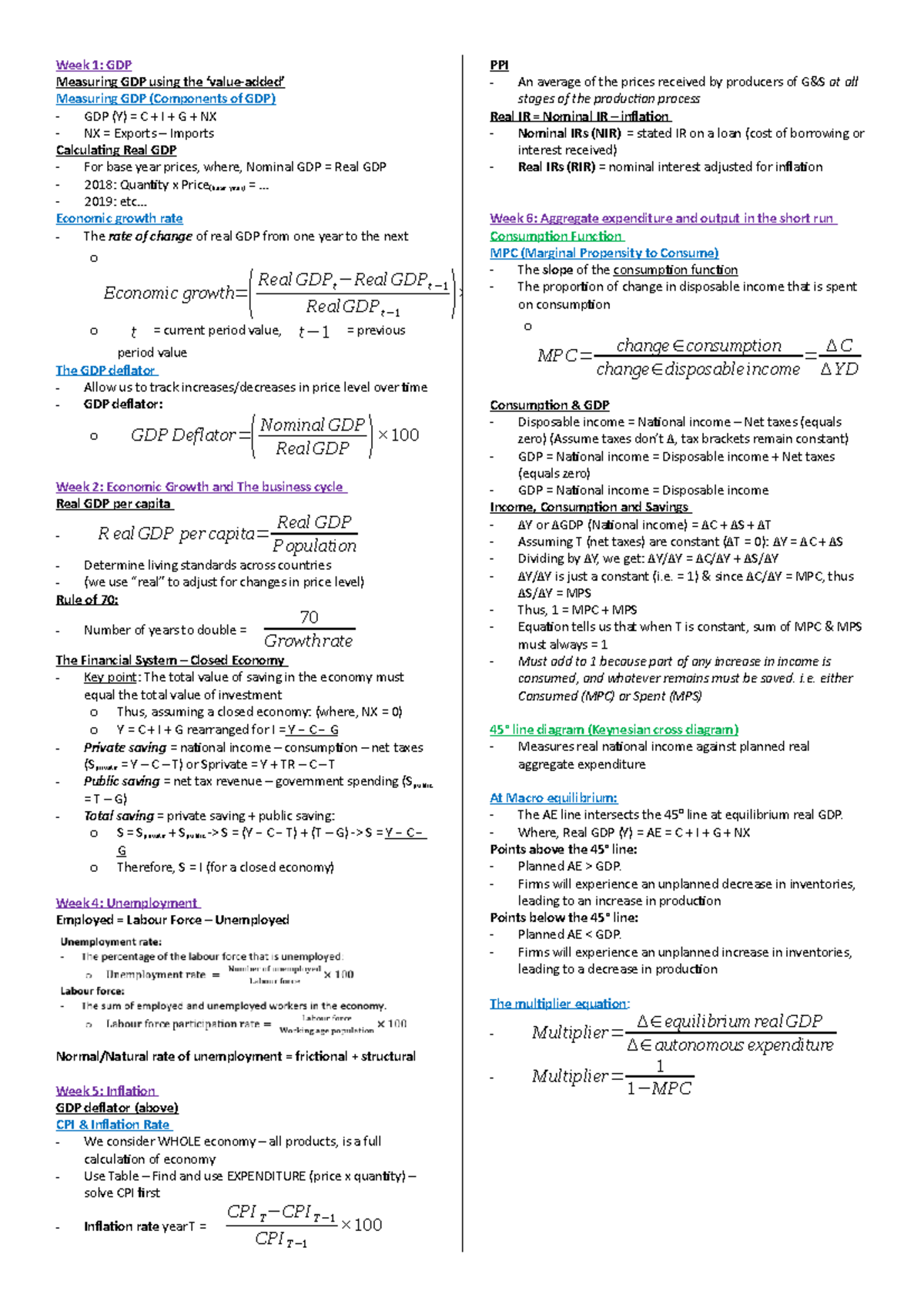 Formula Sheet - Mid-Sem Exam - Week 1: GDP Measuring GDP using the ...