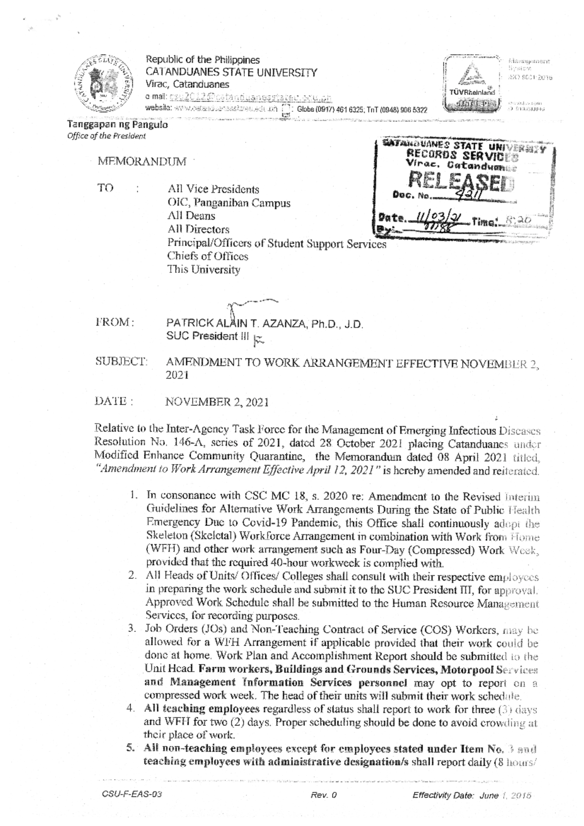Amendment TO WORK Arrangement Effective November 2 2021 - Electronics ...