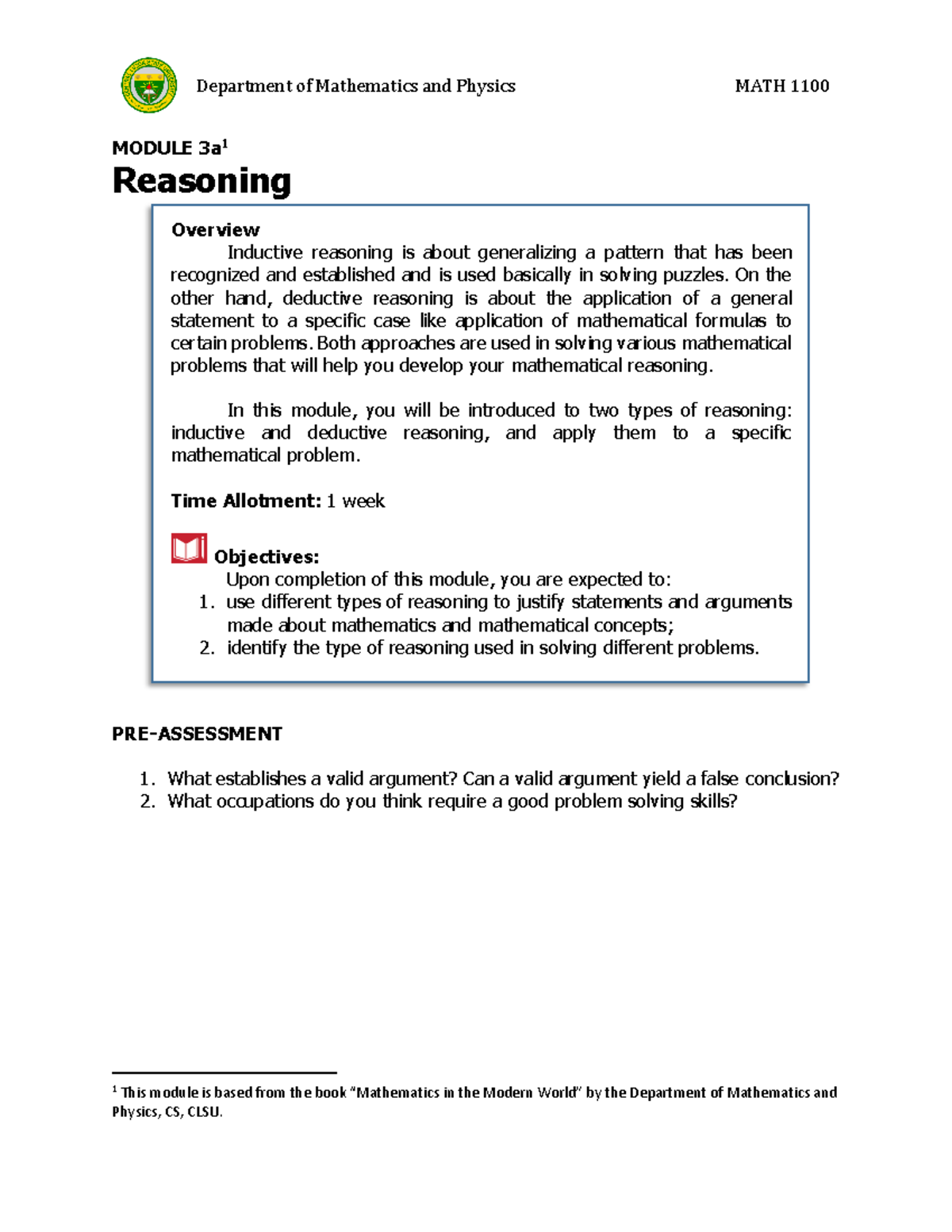 5 6269481156312303777 - MODULE 3a 1 Reasoning PRE-ASSESSMENT What ...
