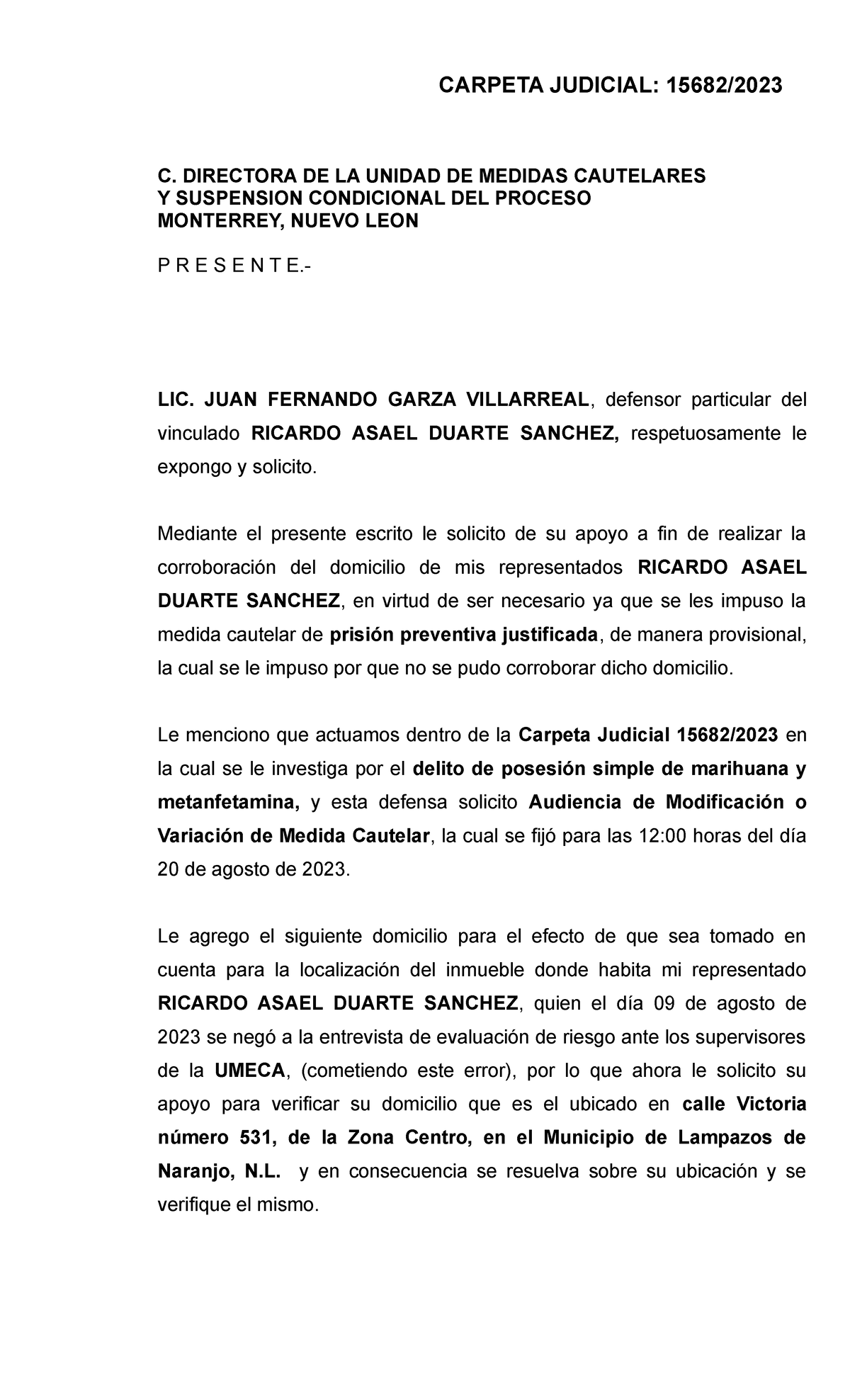 Solicitud Umeca - Ricardo Lampazos - CARPETA JUDICIAL: 15682/ C ...