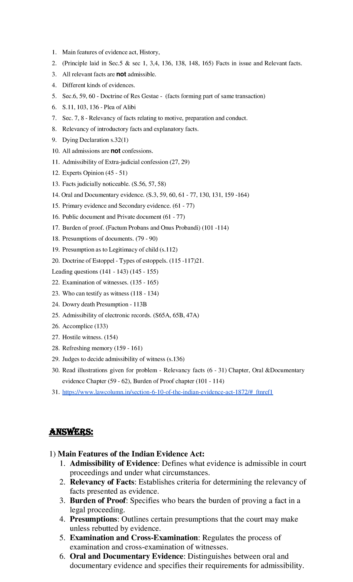 Evidence Act important Topics 2 - 1. Main features of evidence act ...